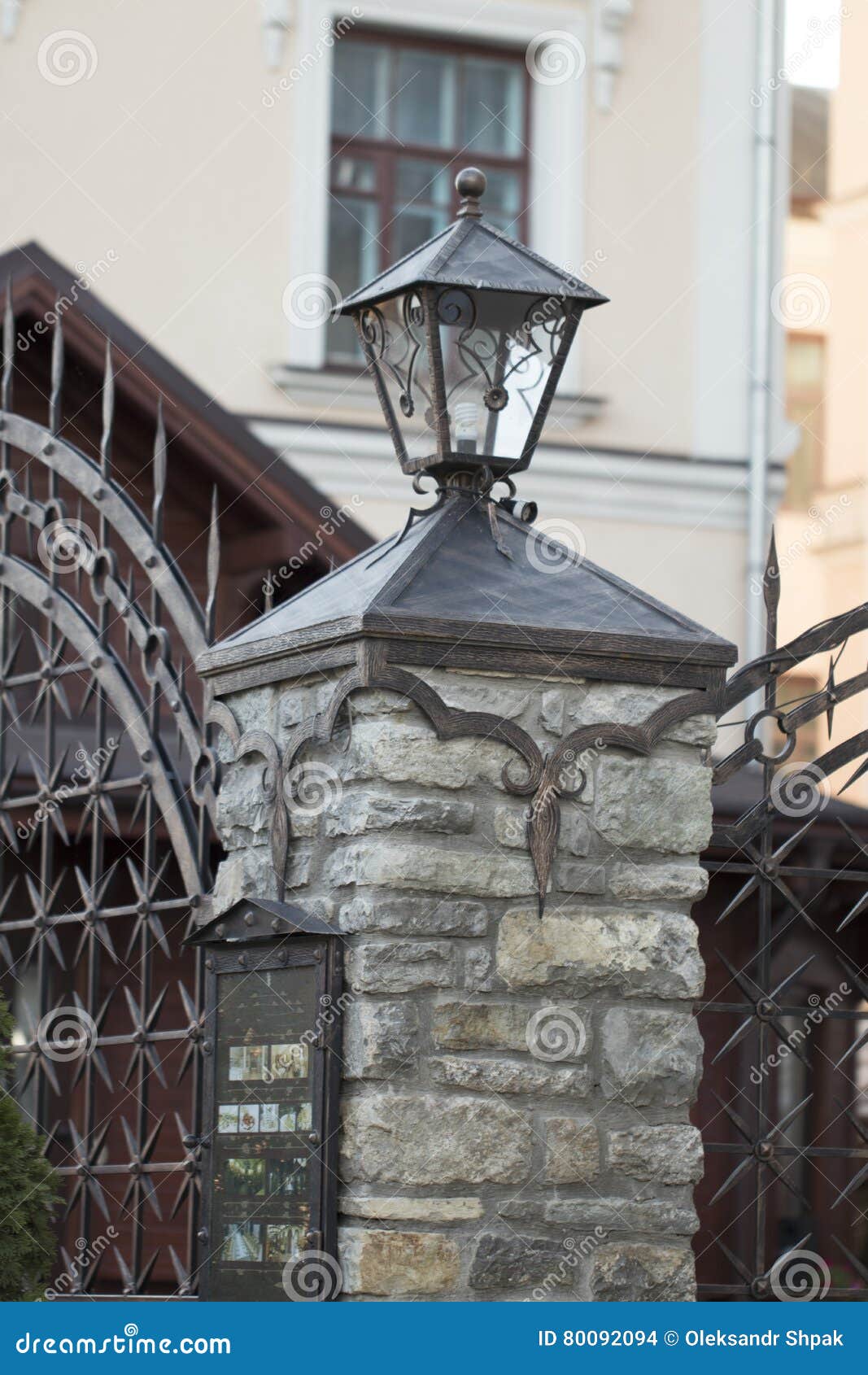 Lantern on a stone pillar stock photo. Image of clouds - 80092094