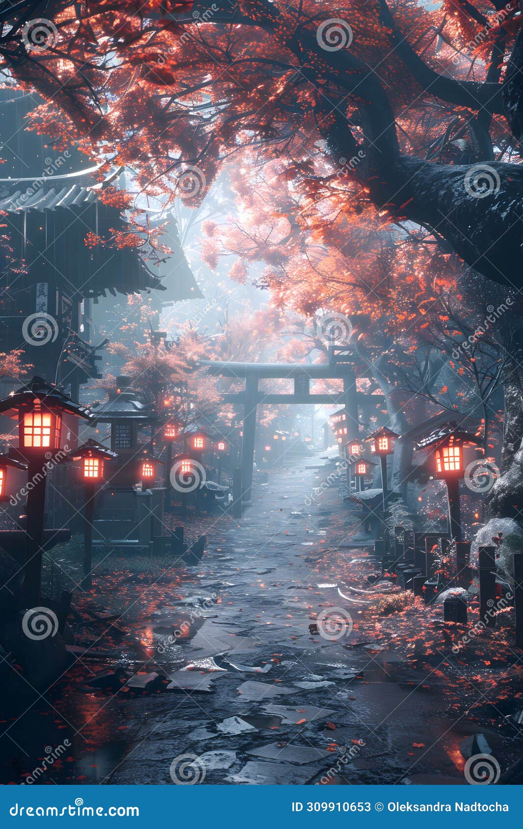 Lanternlit Path through Forest Under Full Moon Creates a Mysterious ...