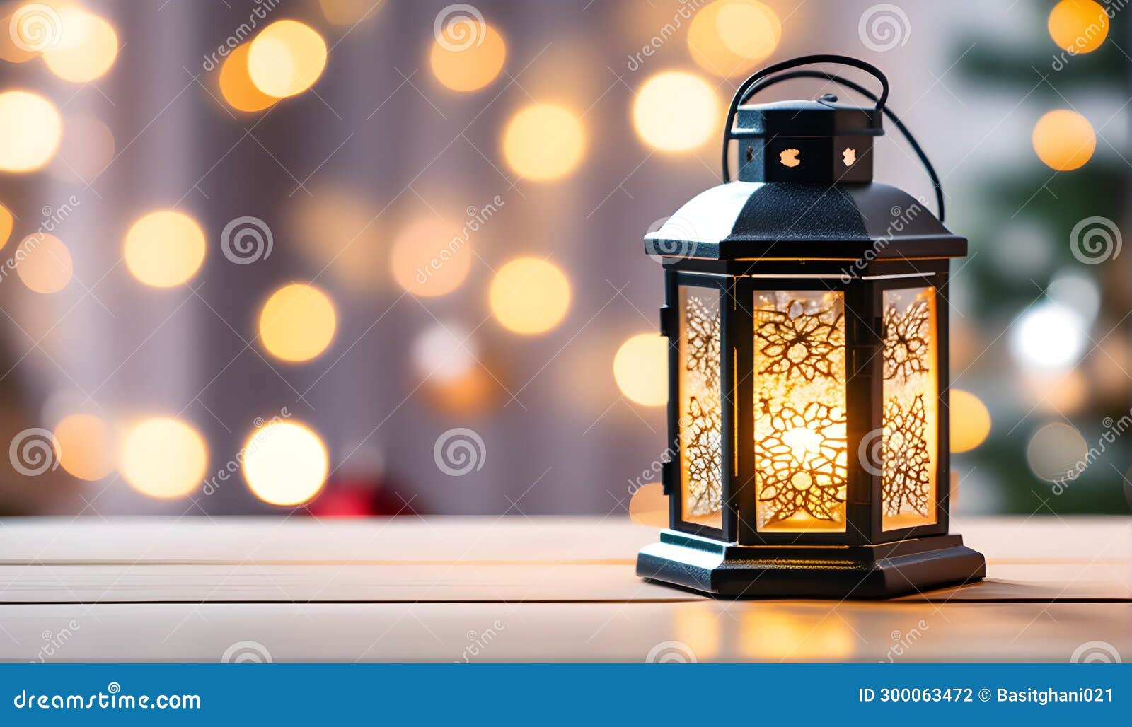 Lanternon a Table with Decoration and String Lights Bokeh and ...
