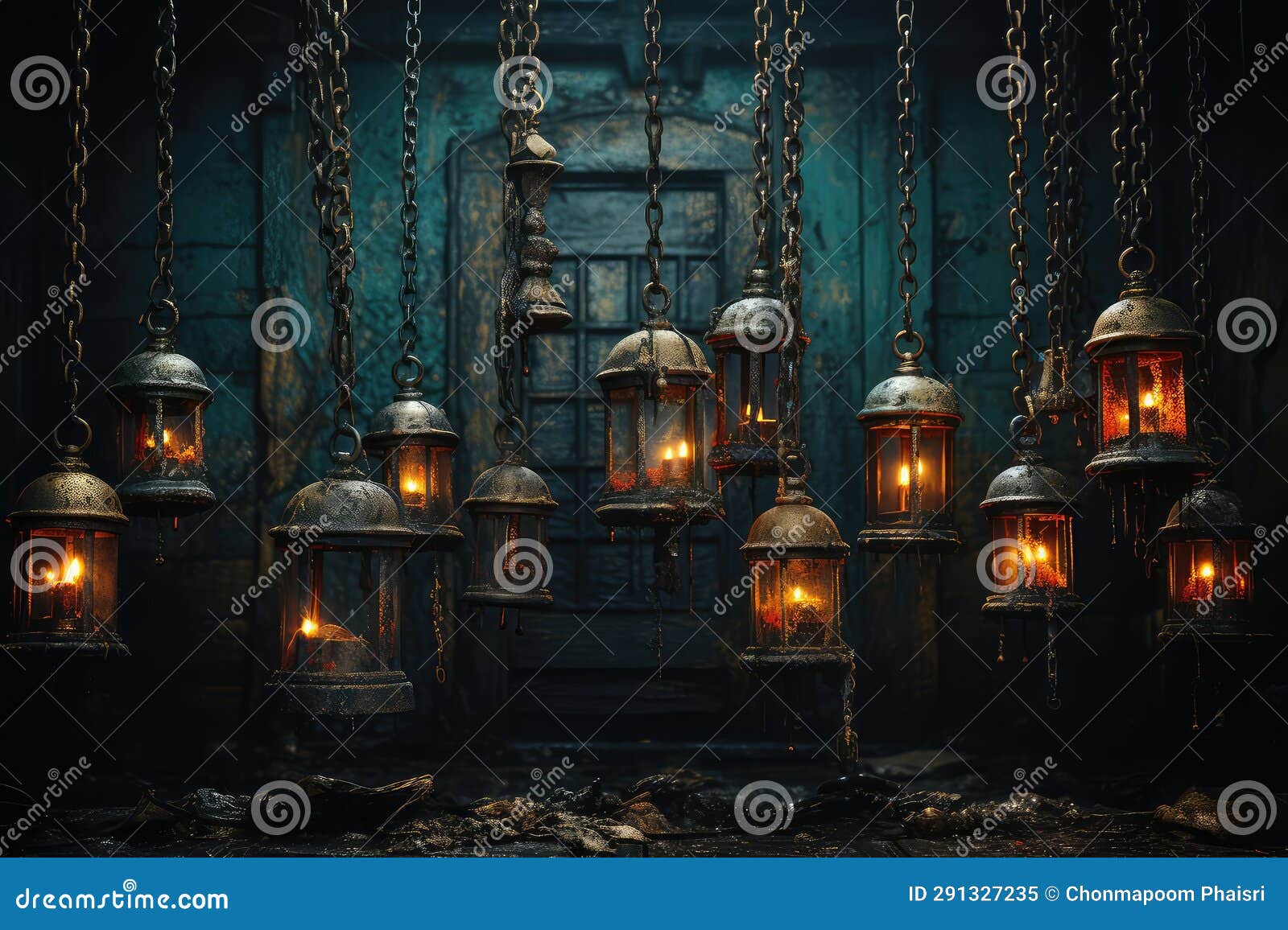 Lanterns and Chains in the Dark. 3d Rendering AI Generated Generative ...