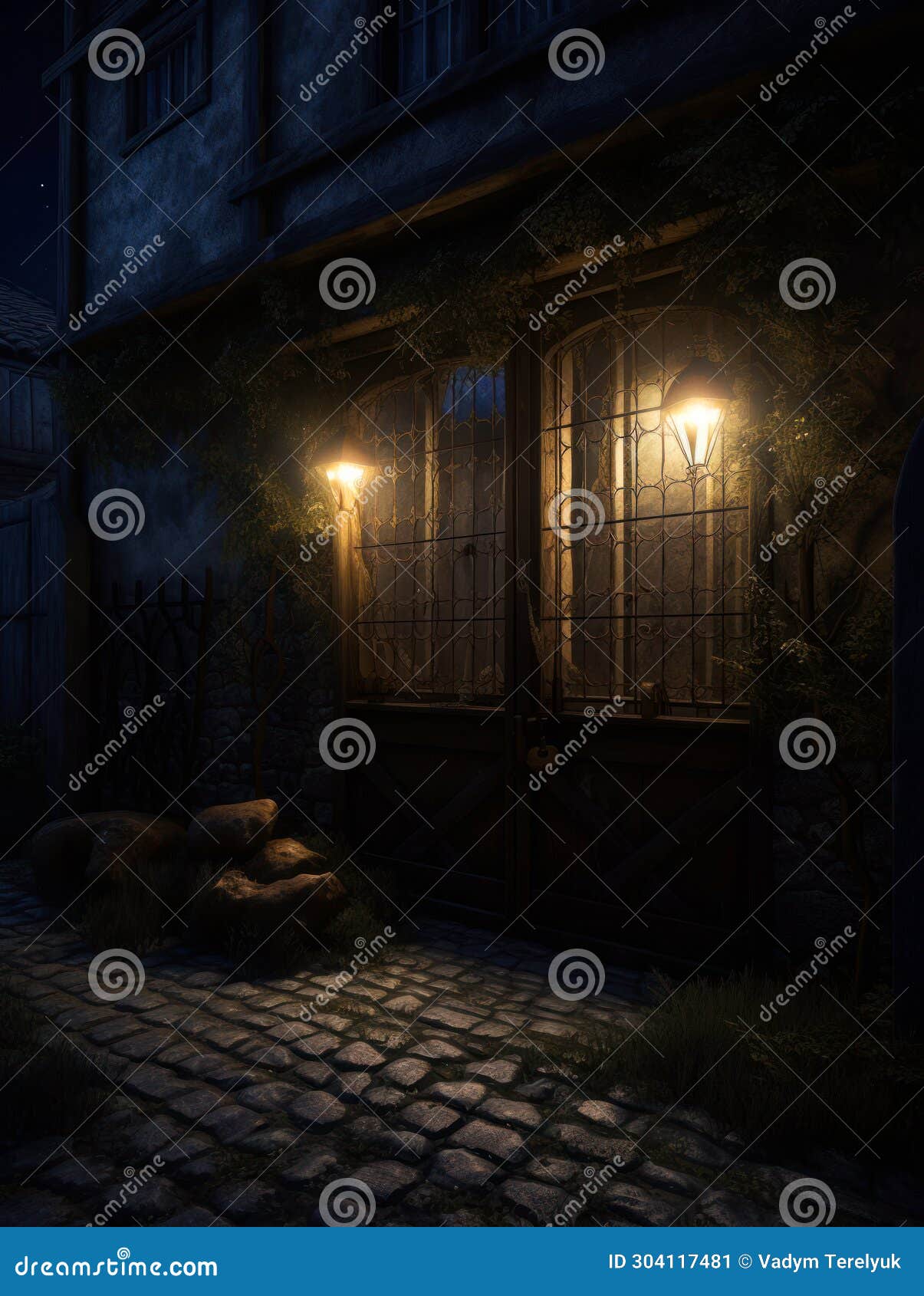 Lanterns with Dim Light are Hanging on the Windows with Lattice ...