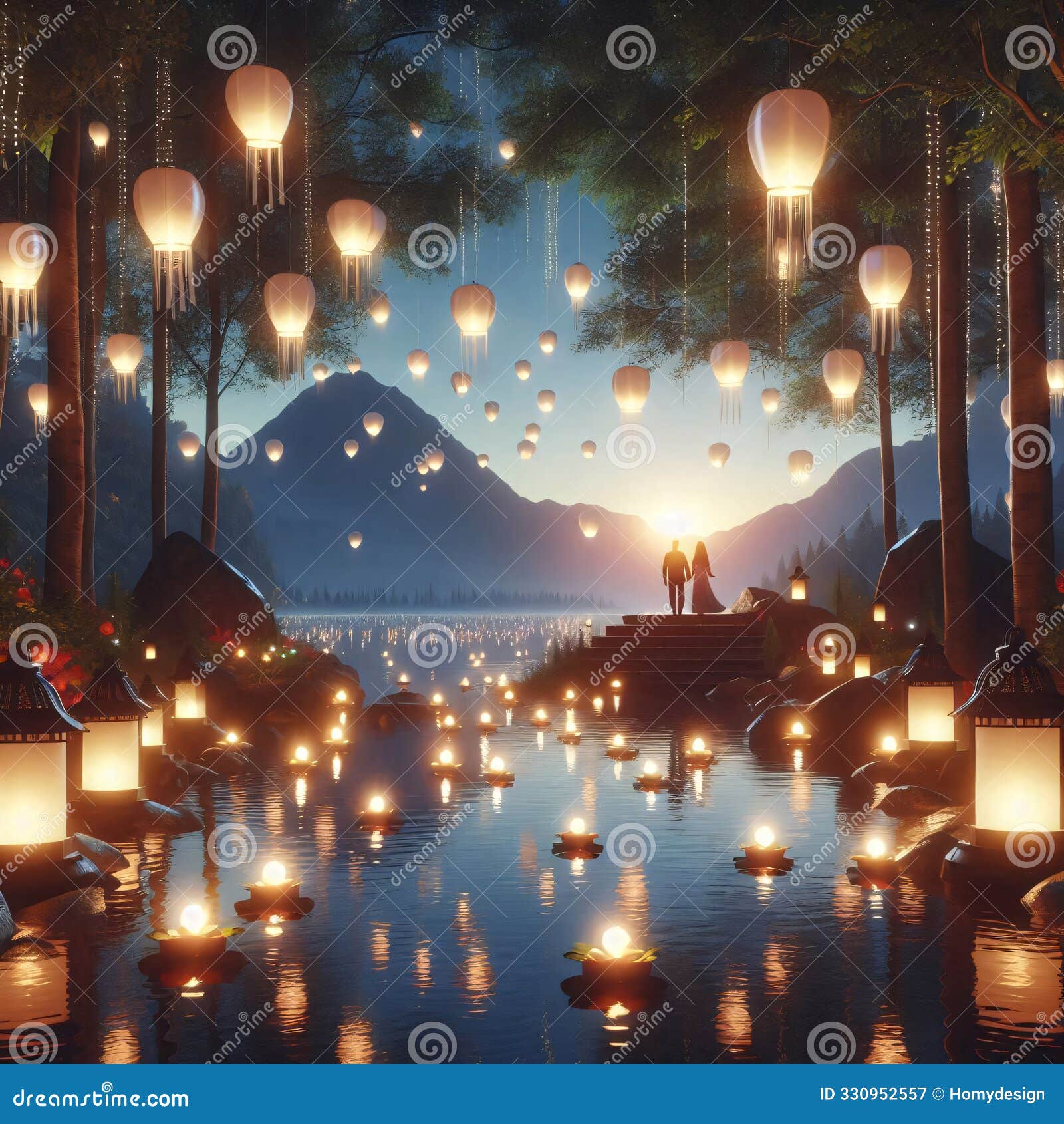 Lanterns Float on a Serene Lake at Dusk, Casting a Warm Glow Amidst ...