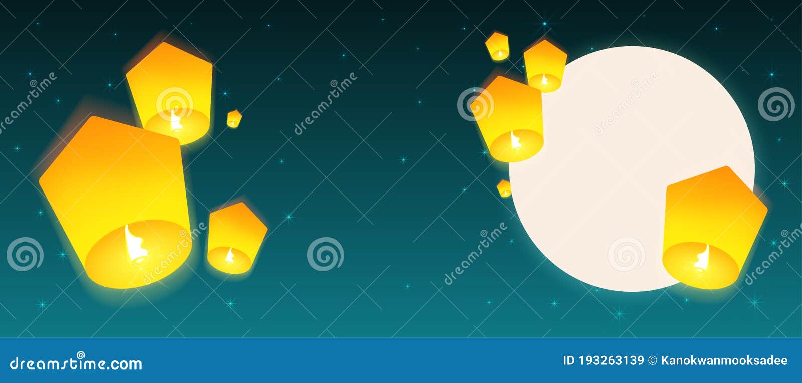Lanterns Floating in Night Sky with Full Moon. Cartoon Style ...