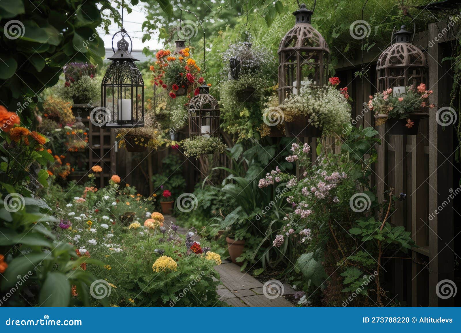 Lanterns Hanging from Garden Trellis, Surrounded by Blooming Plants ...