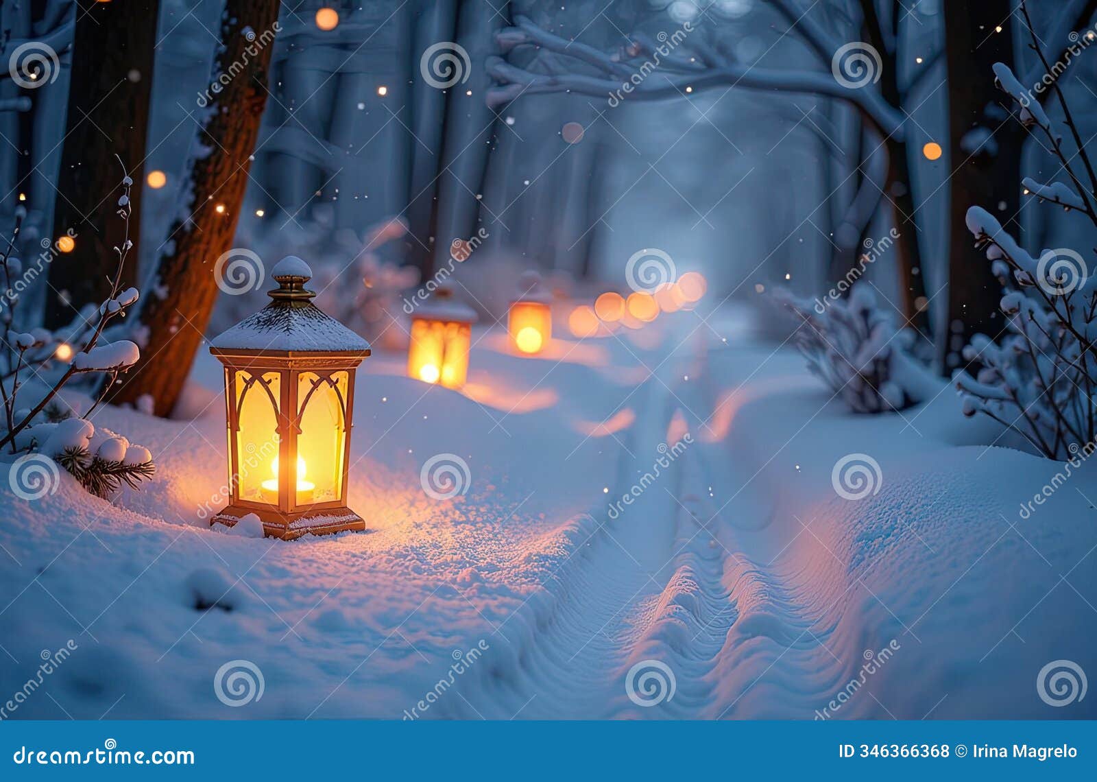 Winter Pathway Illuminated by Lanterns in a Snowy Forest at Dusk Stock ...