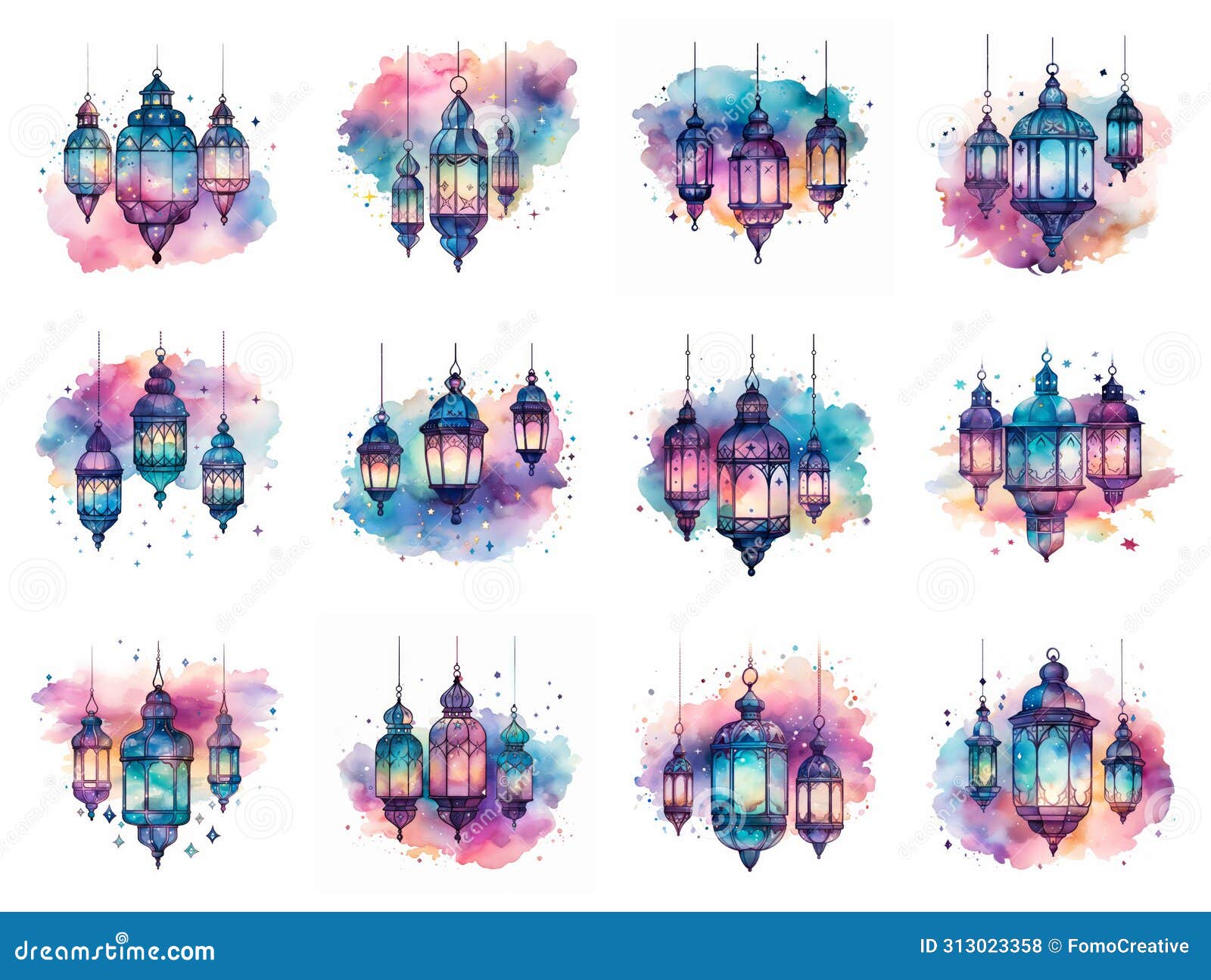Lanterns in Various Shapes and Sizes Float Upwards Stock Illustration ...