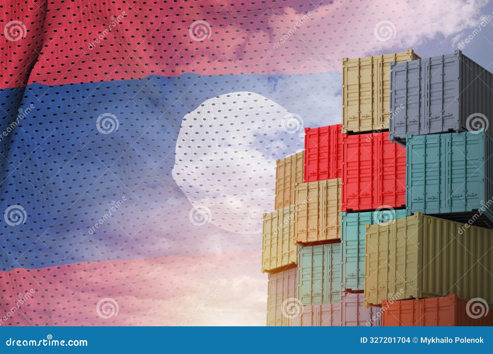 Laos Flag and Big Stack of Shipping Cargo Containers in Docks with Sky ...
