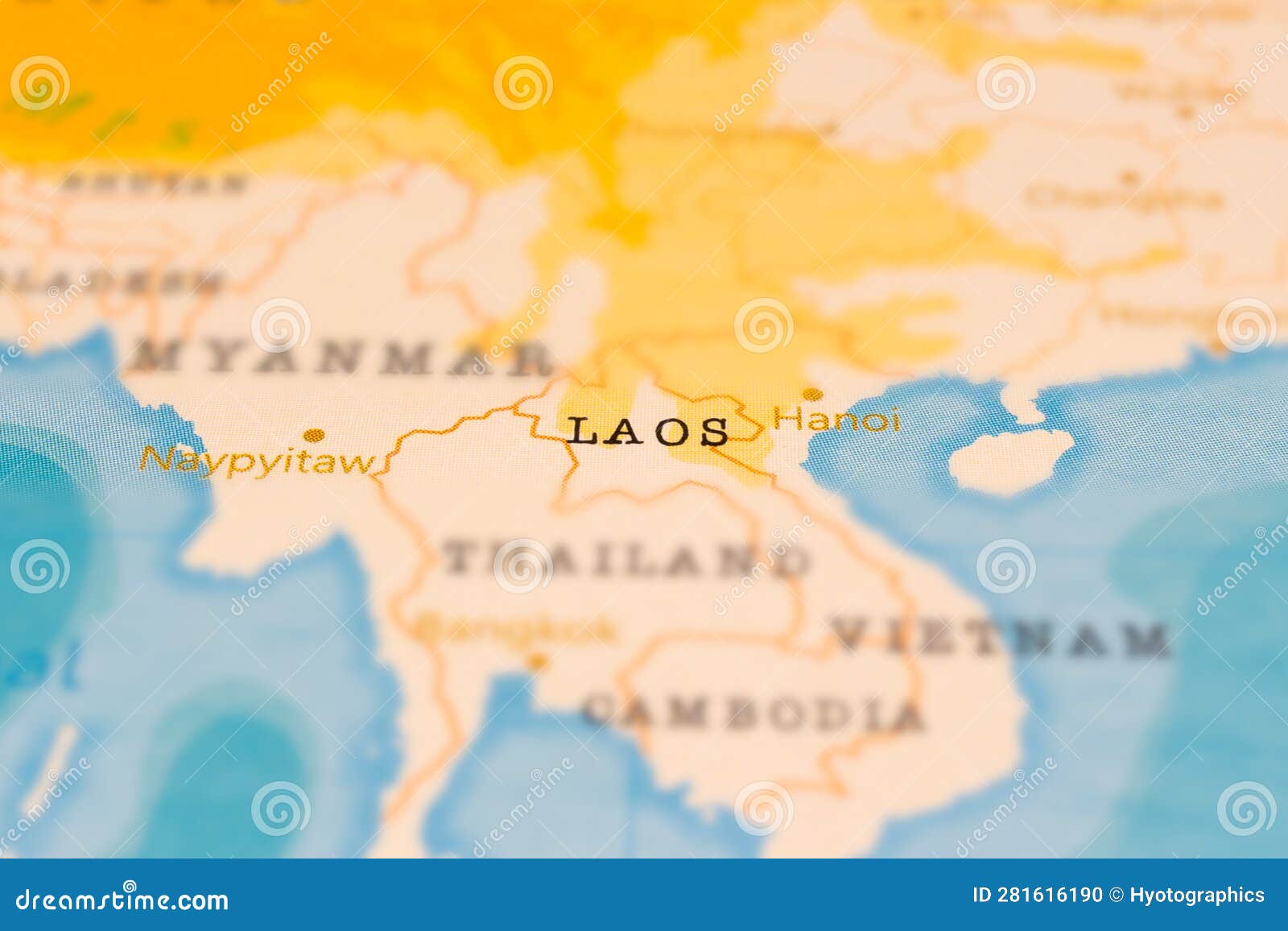 Laos in Focus on a Tilted World Map. Stock Illustration - Illustration ...