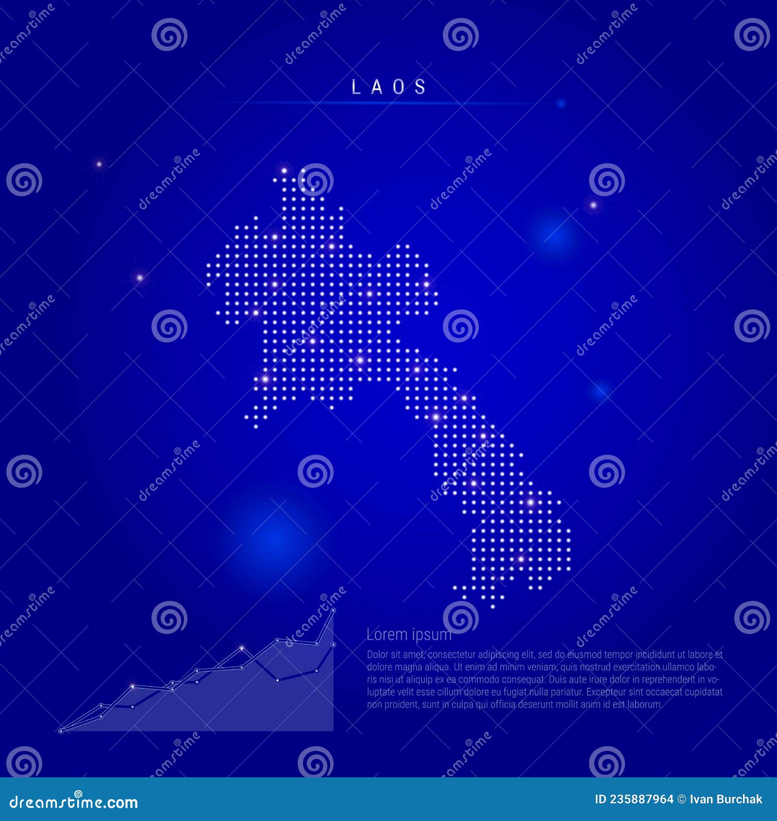 Laos Illuminated Map with Glowing Dots. Dark Blue Space Background ...