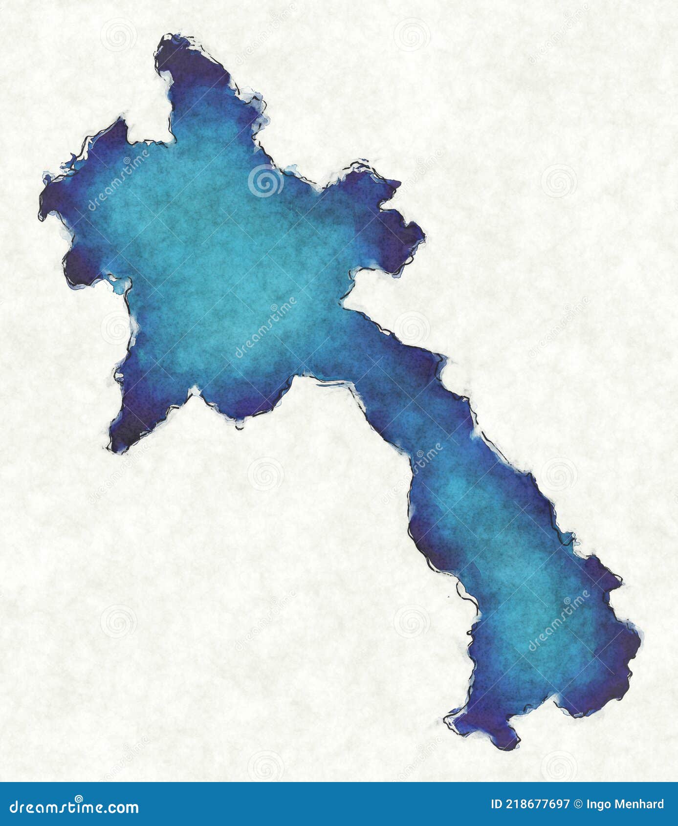 Laos Map With Drawn Lines And Blue Watercolor Illustration Royalty-Free ...