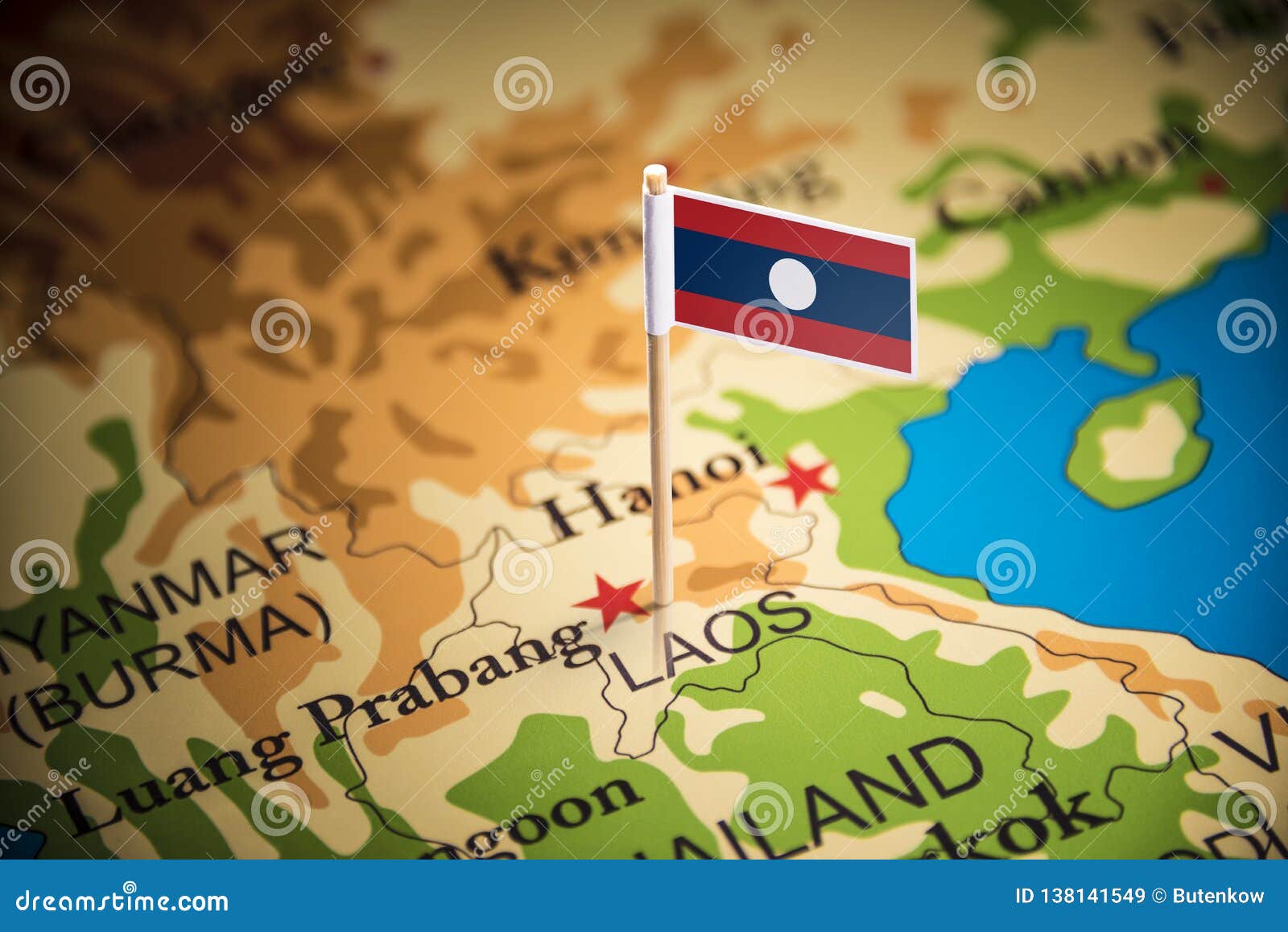 Laos Marked with a Flag on the Map Stock Image - Image of globe ...