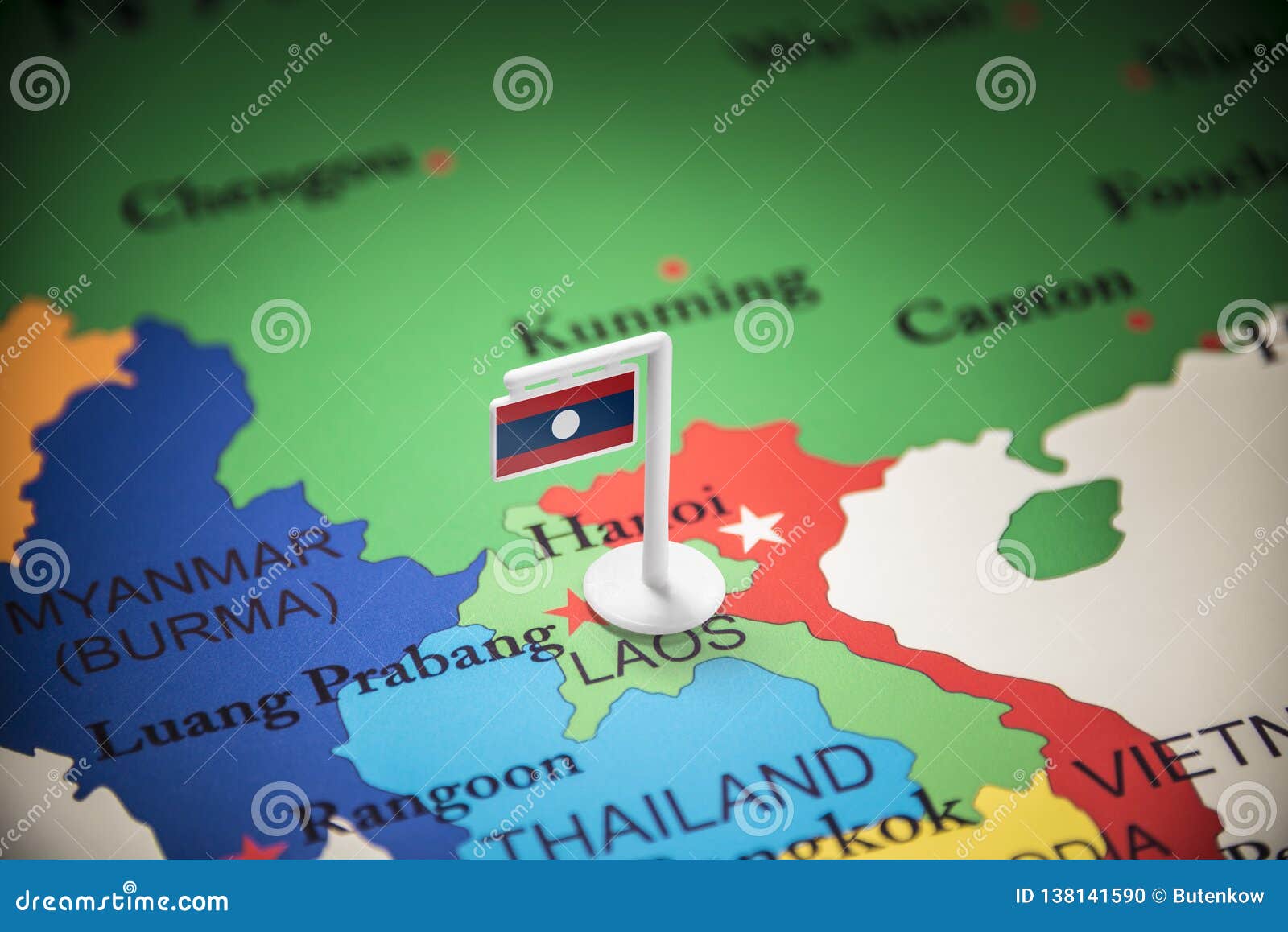 Laos Marked with a Flag on the Map Stock Photo - Image of nation ...