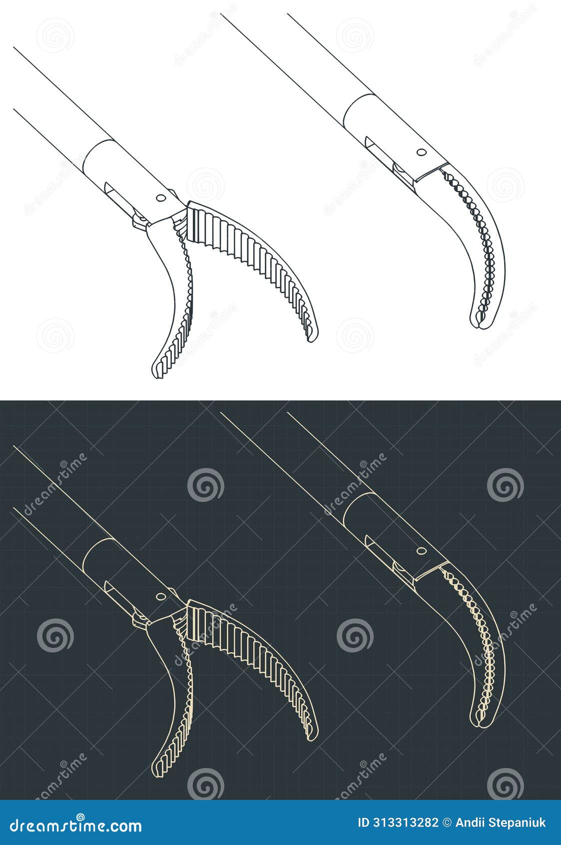 Laparoscopic Forceps with Curved Head Isometric Blueprints Stock Vector ...