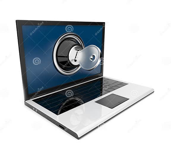 Laptop 3D with Lock and Key. Computer Security Stock Illustration ...