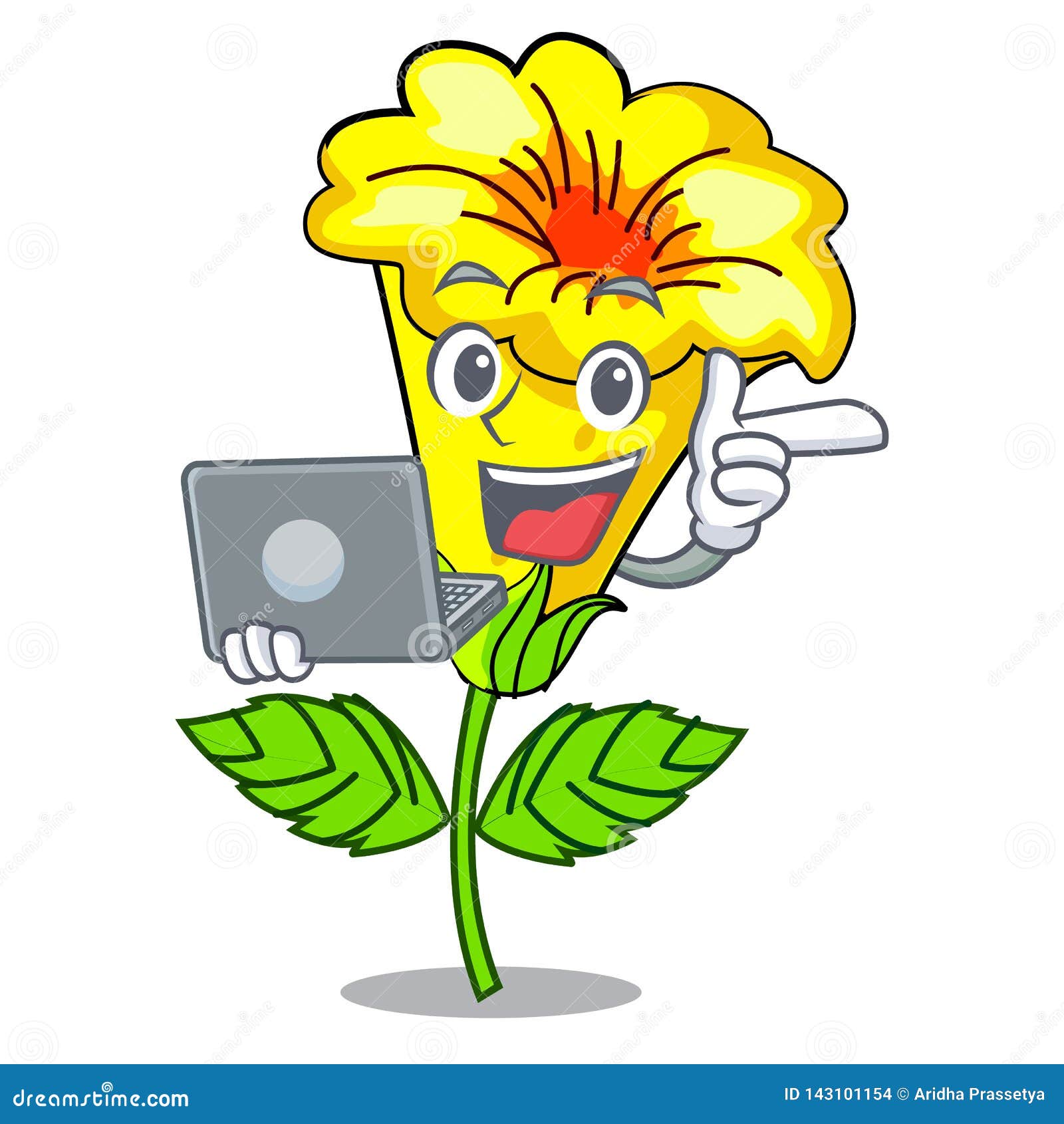 With Laptop Allamanda Flower In The Shape Cartoon Vector Illustration ...
