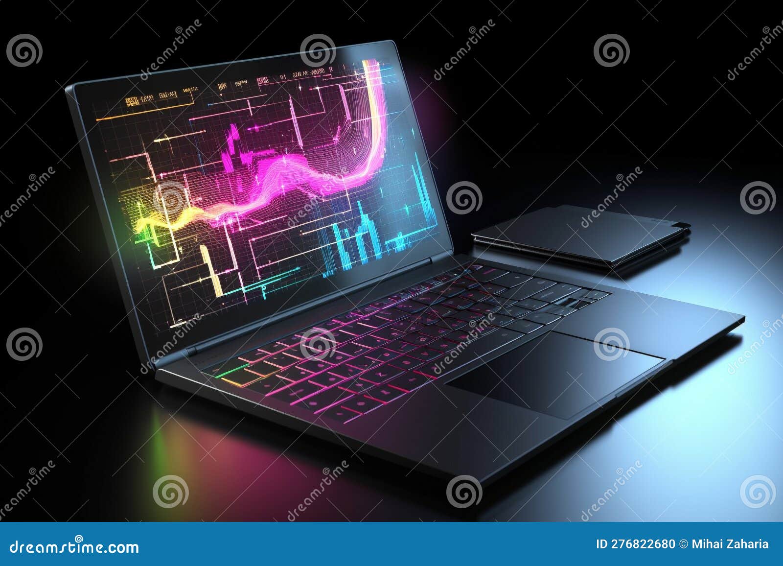 A Laptop with Analytical Data and Chart Flows. 3D Rendering ...