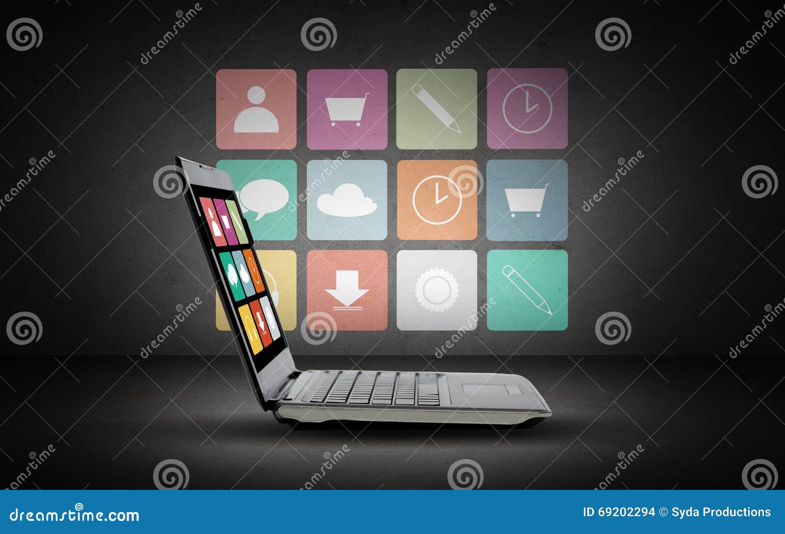 Laptop with Application Icons Menu on Screen Stock Illustration ...