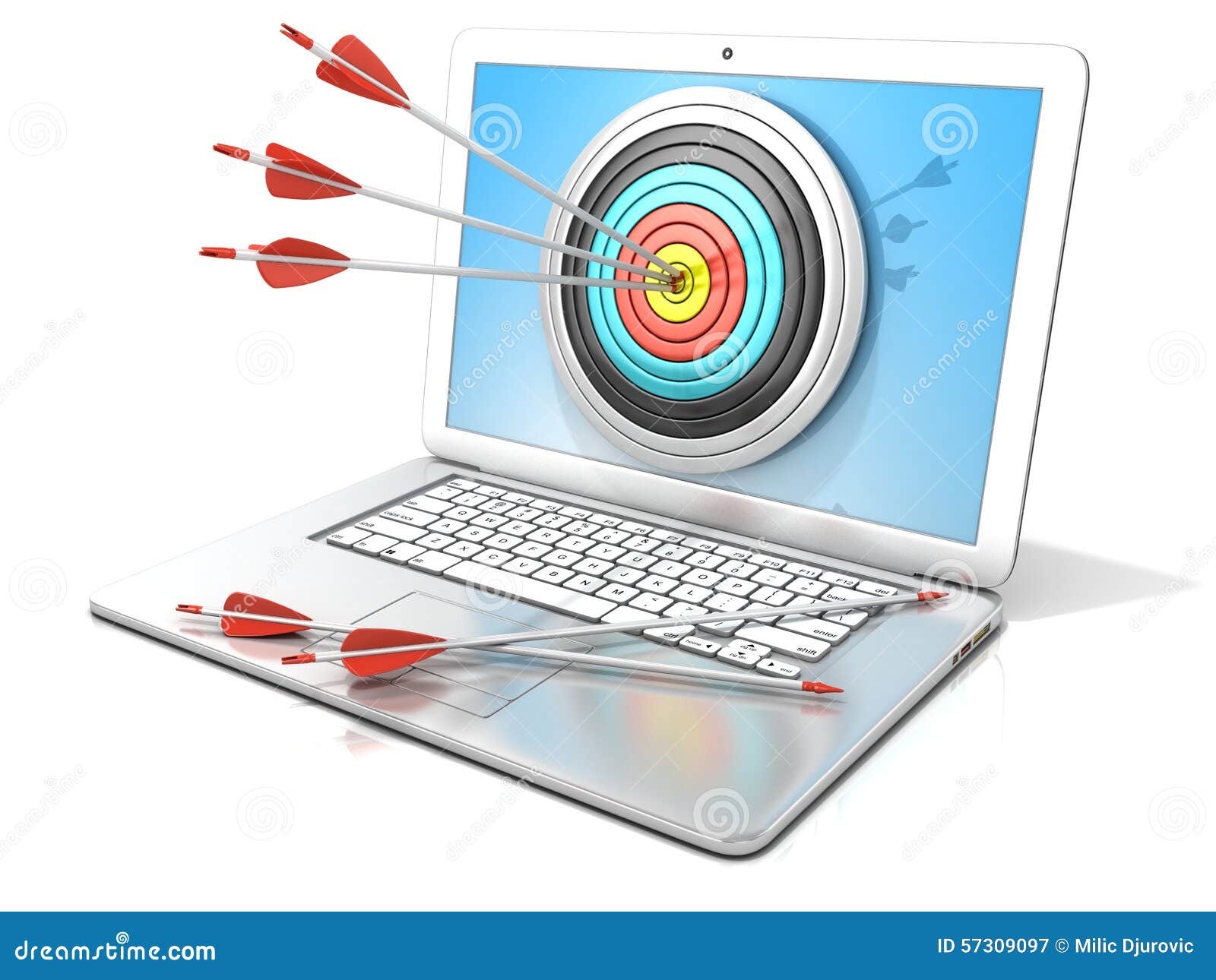 Laptop with Archery Target and Red Arrows in the Center. Concept of ...