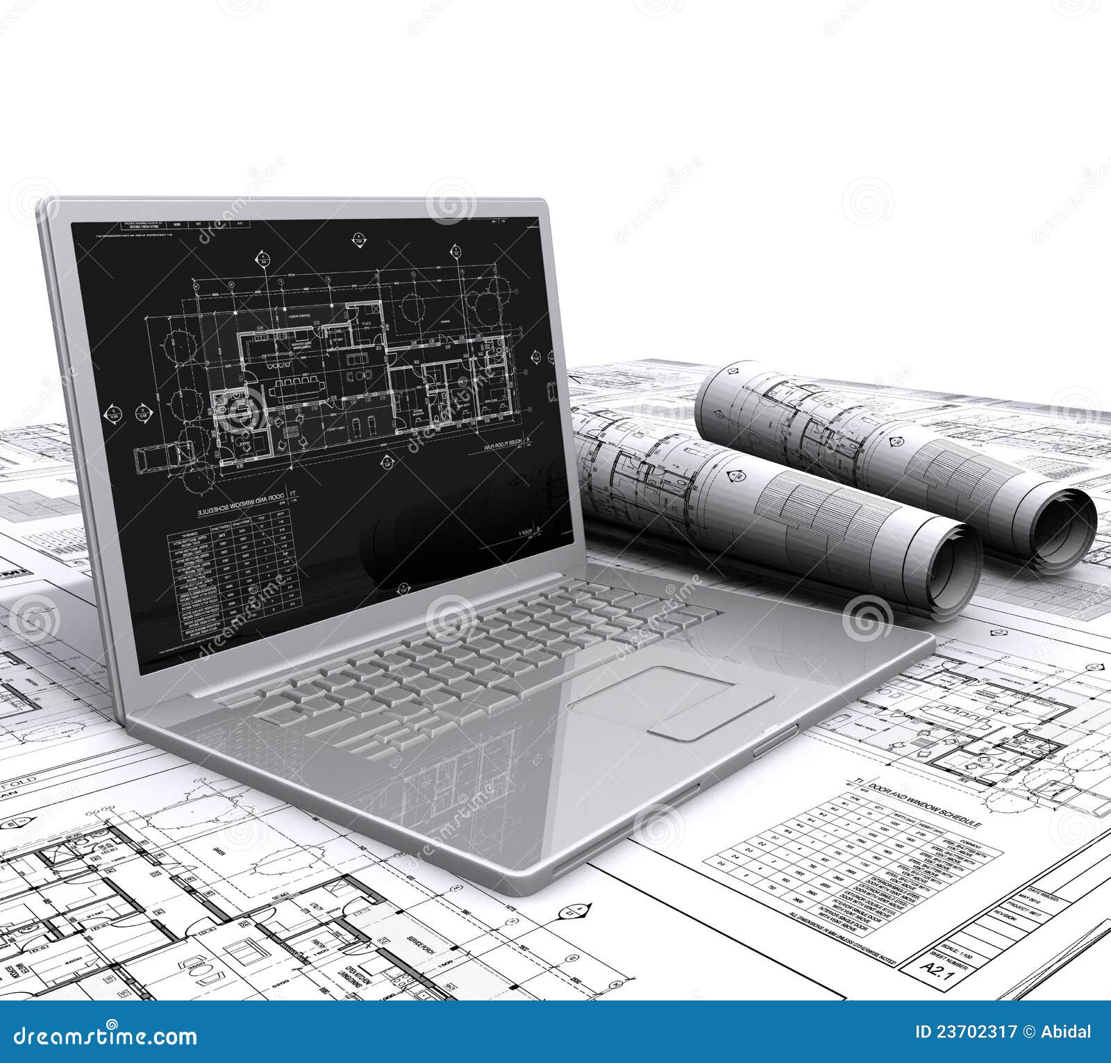 Laptop architectural plans stock illustration. Illustration of laptop ...