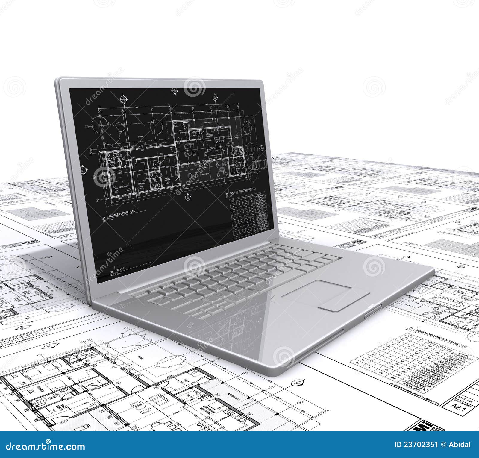 Laptop architectural plans stock illustration. Illustration of white ...