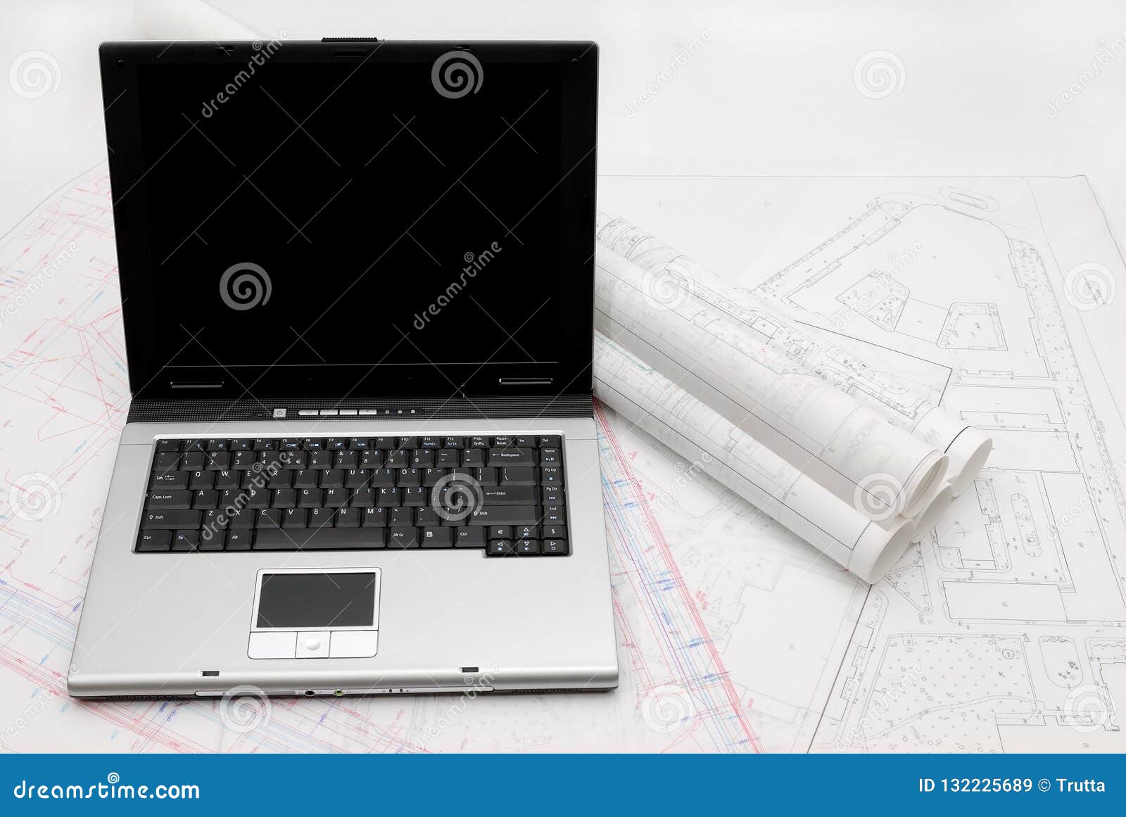 Laptop with Architectural Plans Stock Image - Image of notebook, desk ...