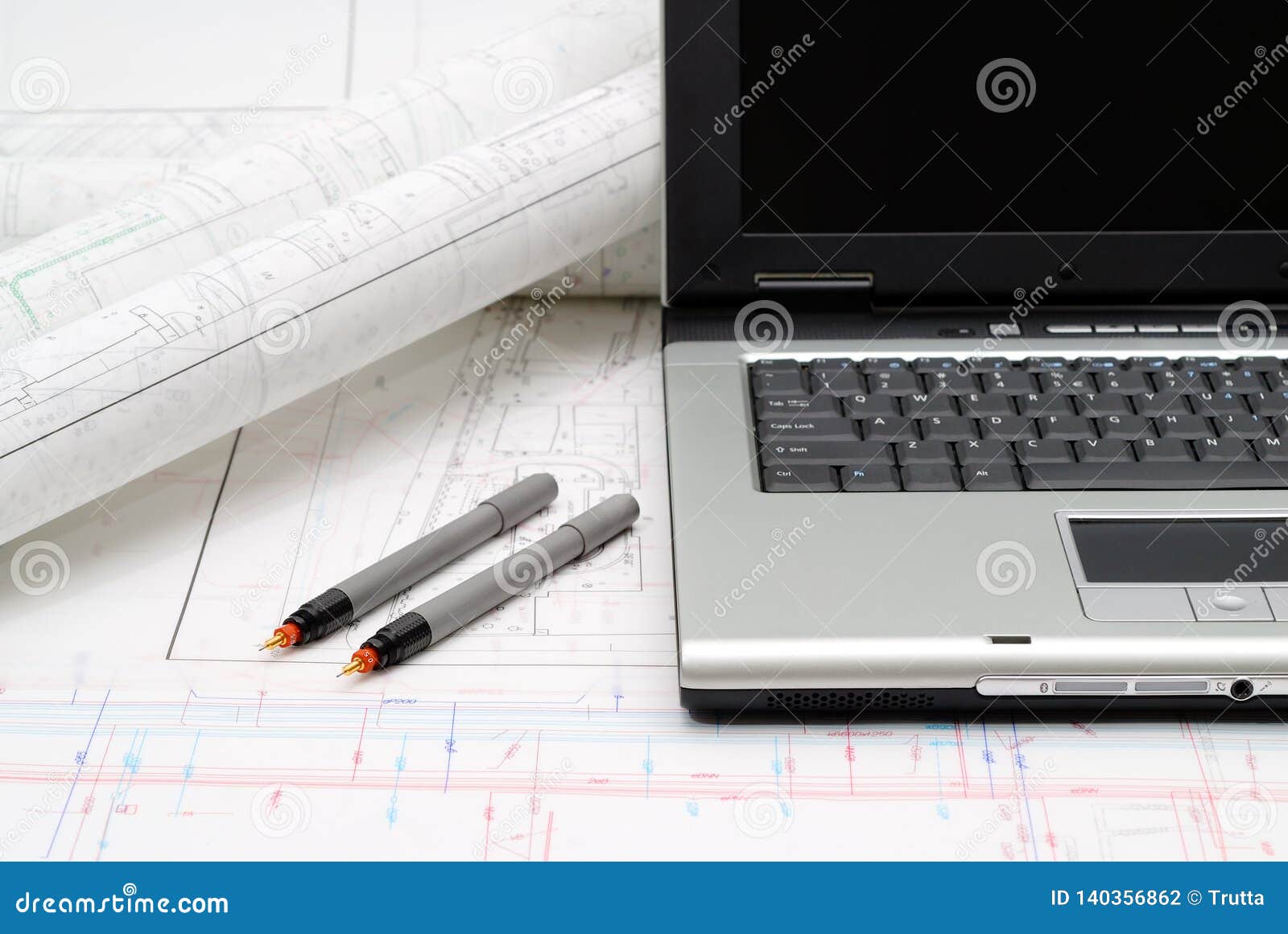 Laptop with Architectural Plans Stock Photo - Image of outline, office ...
