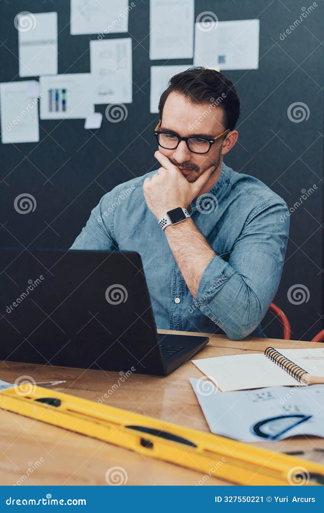 Laptop, Architecture and Thinking Man in Office for Building Project ...