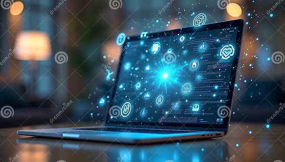 A Laptop with an Augmented Reality Overlay Featuring Digital Elements ...