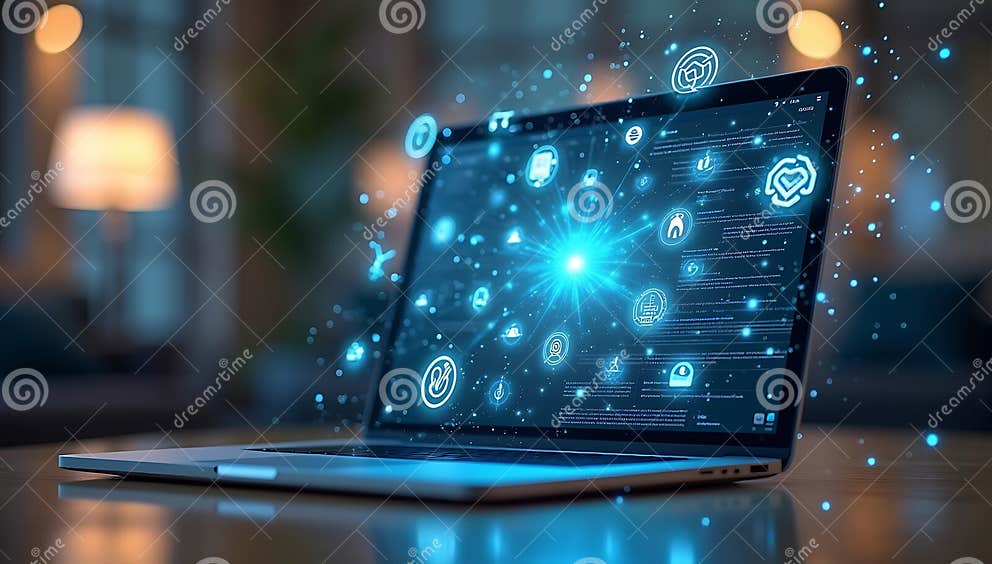 A Laptop with an Augmented Reality Overlay Featuring Digital Elements ...