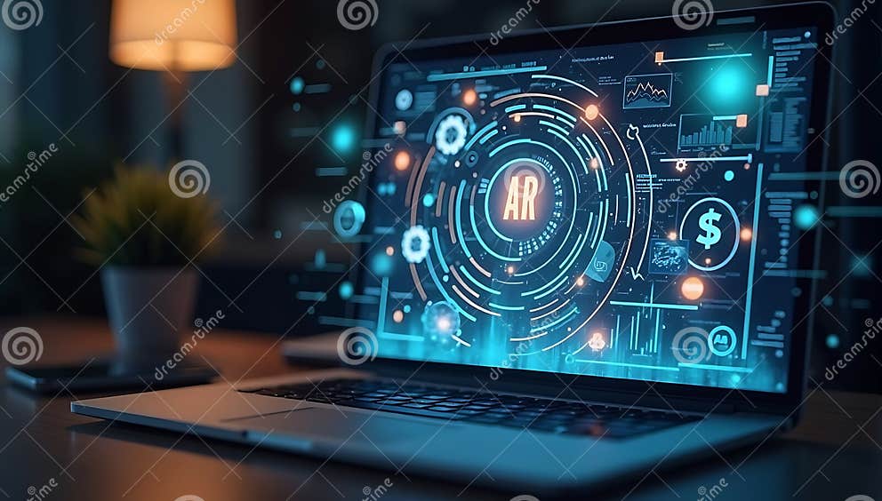 A Laptop with an Augmented Reality Overlay Featuring Digital Elements ...