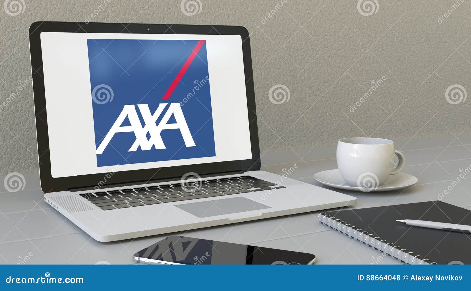 Laptop with AXA Logo on the Screen. Modern Workplace Conceptual ...