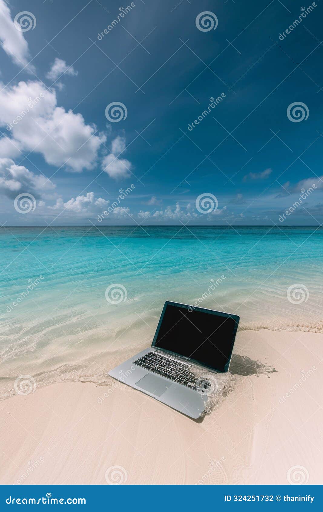 Laptop on the Beach with Blue Water and Clouds in the Background Stock ...