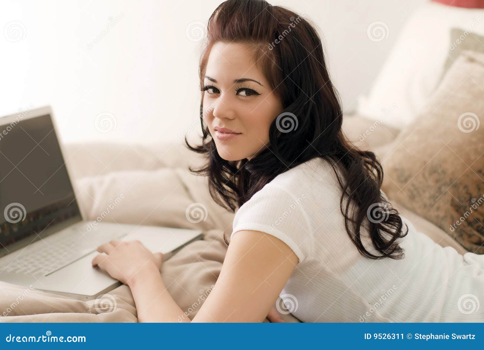 Laptop in bed stock image. Image of laptop, adult, indoors - 9526311