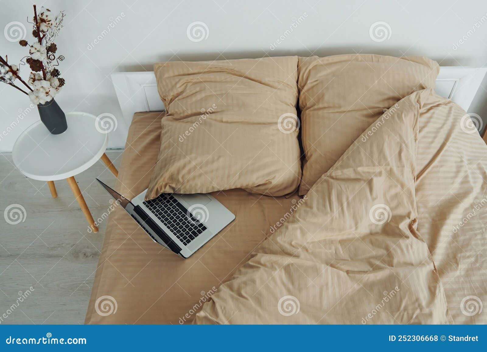 Laptop is on the Bed. Interior and Design of Beautiful Modern Bedroom ...