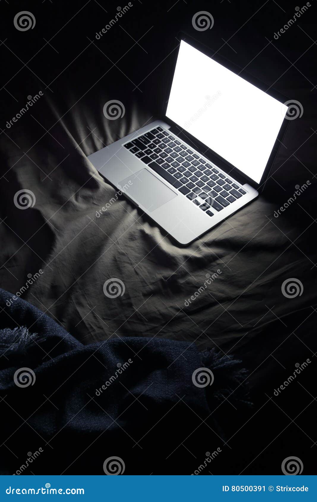 Laptop in Bed. Night Working at Home Concept Image with Copyspace Stock ...