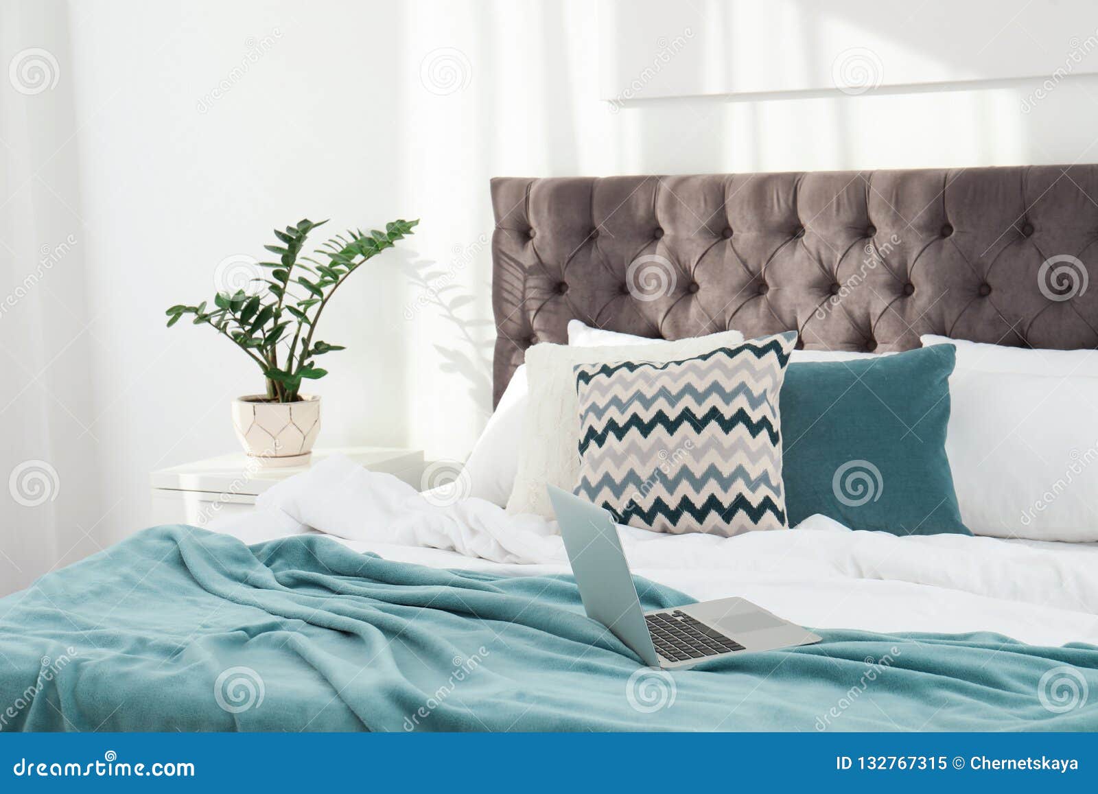 Laptop on Bed in Stylish Interior Stock Image - Image of fashion ...