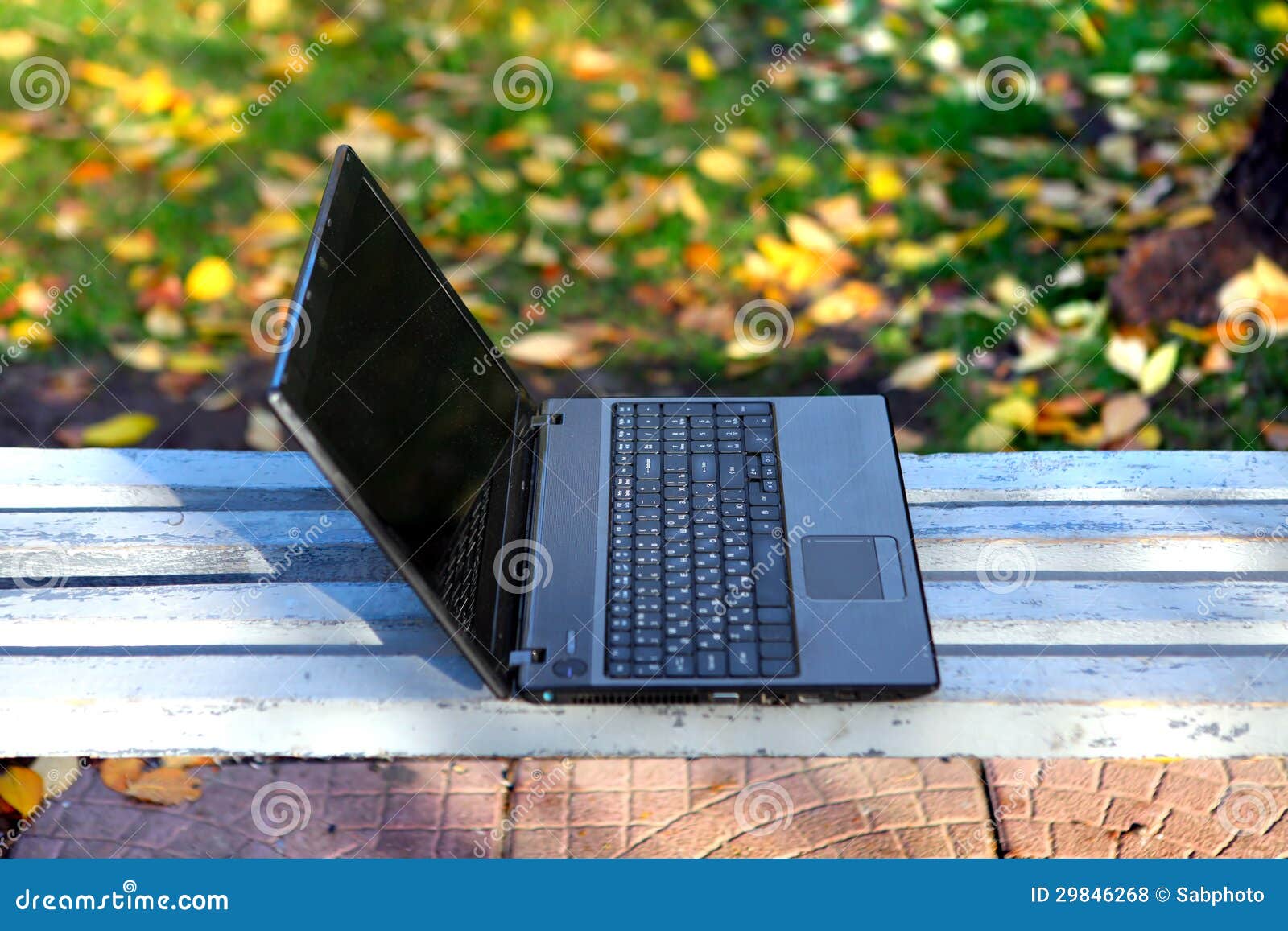 Laptop on the Bench Outdoor Stock Photo - Image of display, macro: 29846268