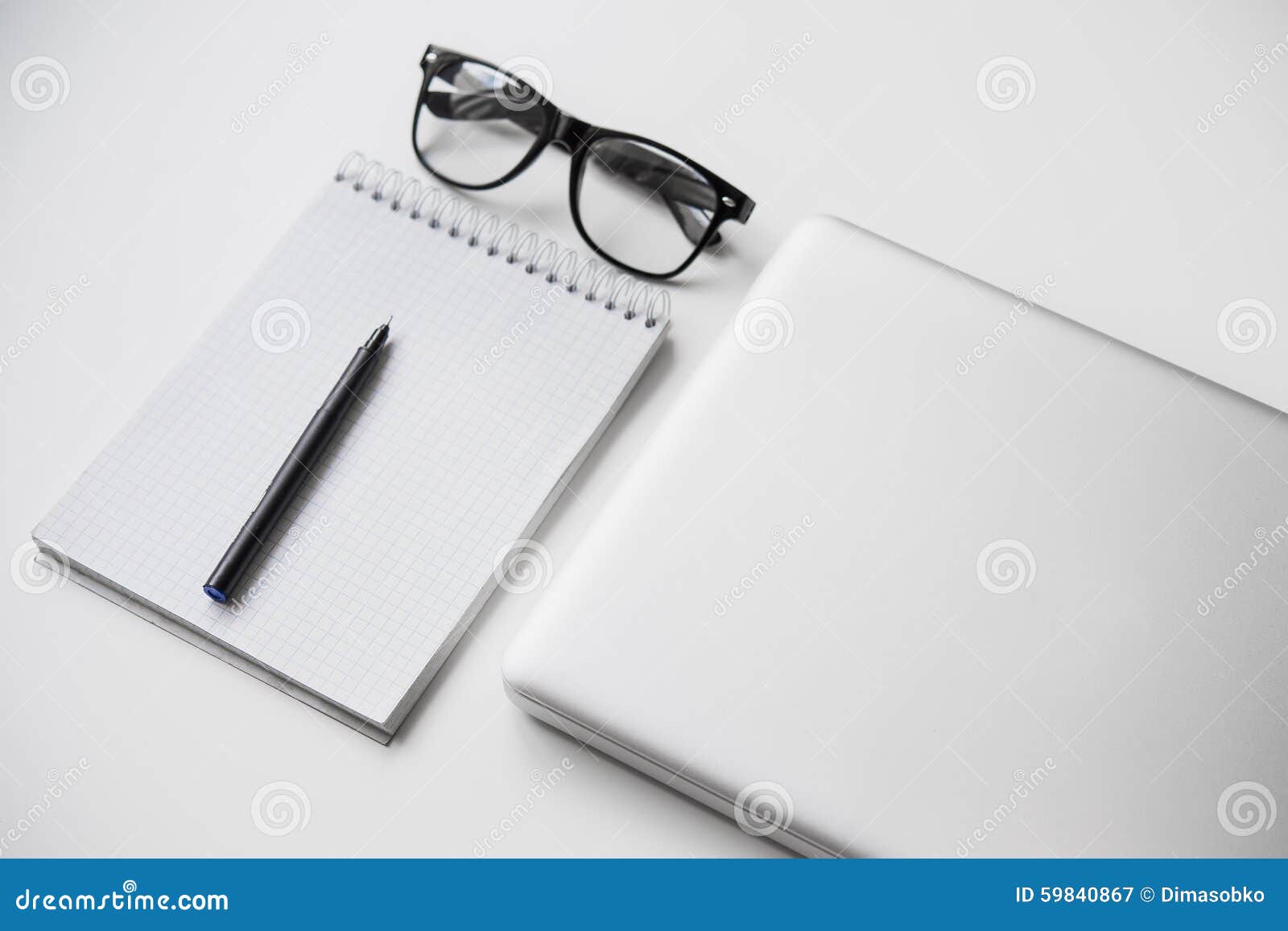 Laptop, Black Glasses, Pen and Notebook Stock Image - Image of button ...