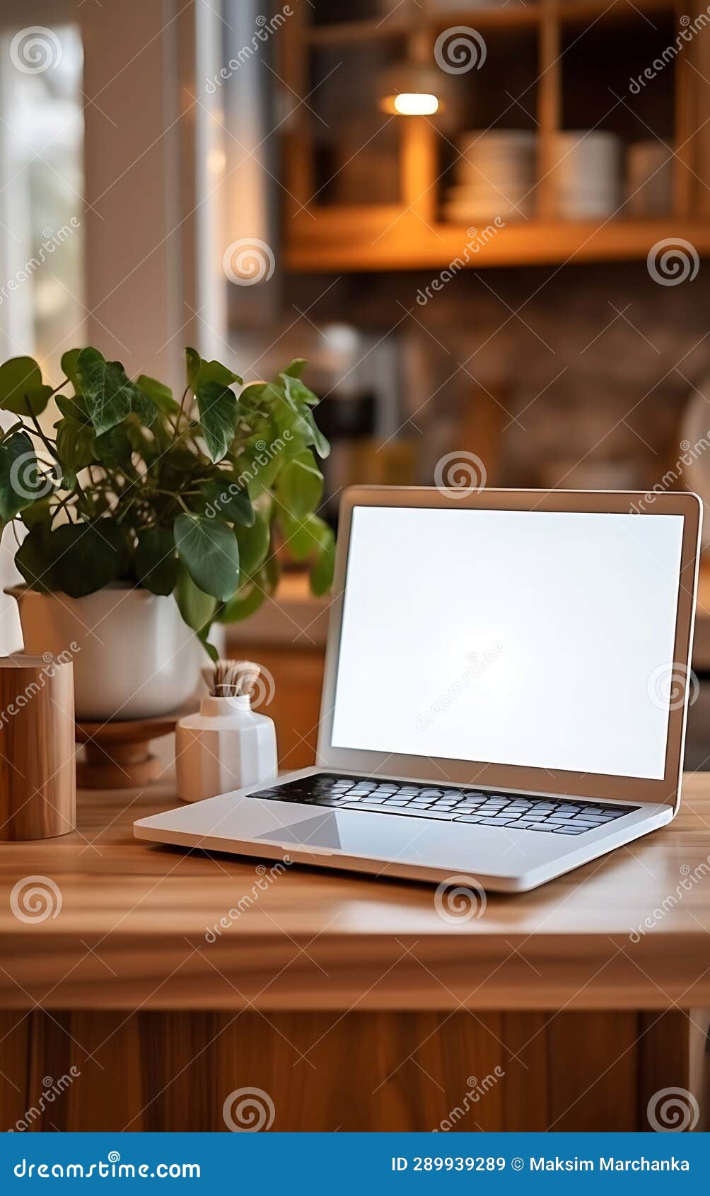 Laptop Blank Screen in the Kitchen in a Cozy House Stock Illustration ...