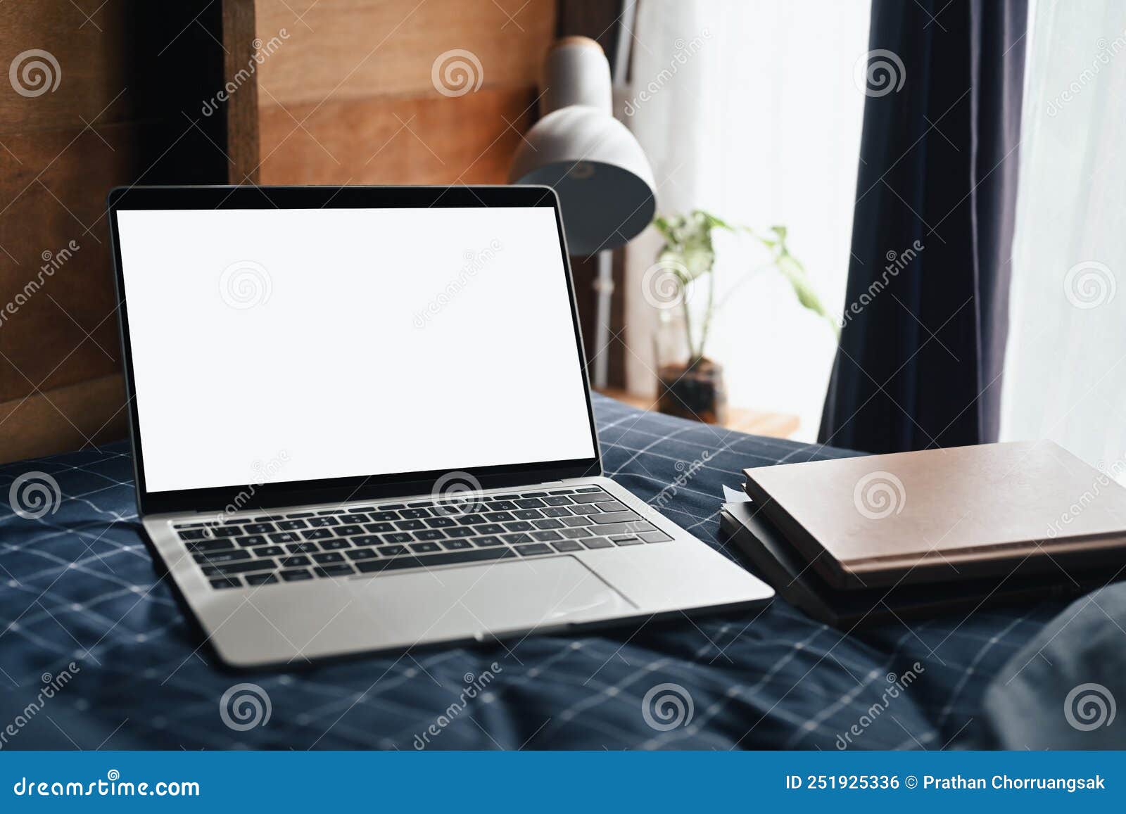 Laptop with Blank Screen and Notebooks in Cozy Bedroom Stock Photo ...