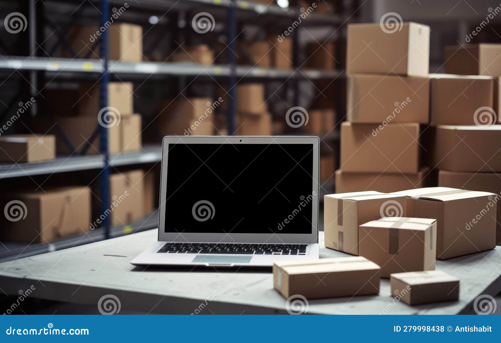 Laptop with Blank Screen Standing among Packed Boxes Stock Illustration ...