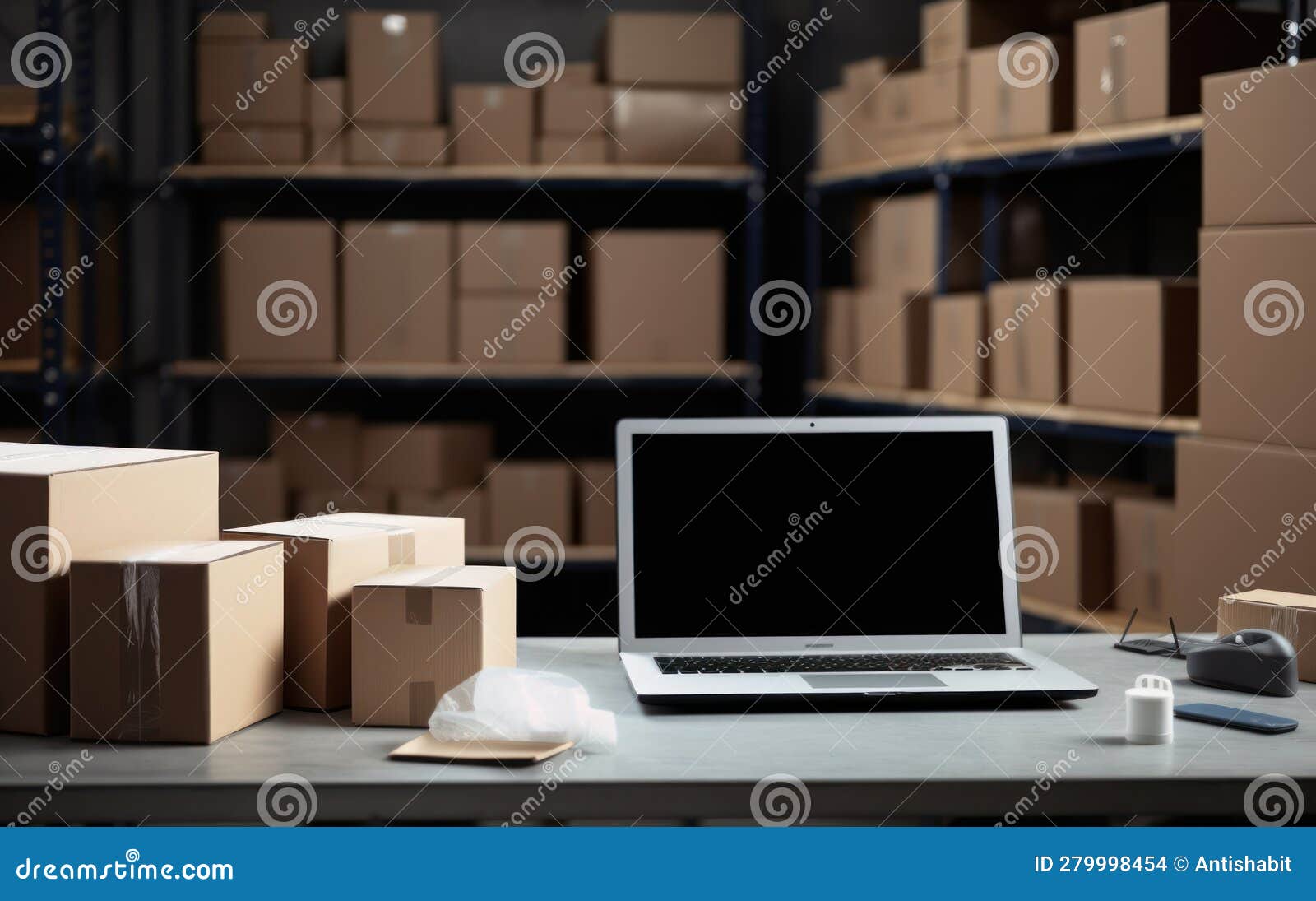 Laptop with Blank Screen Standing among Packed Boxes Stock Illustration ...