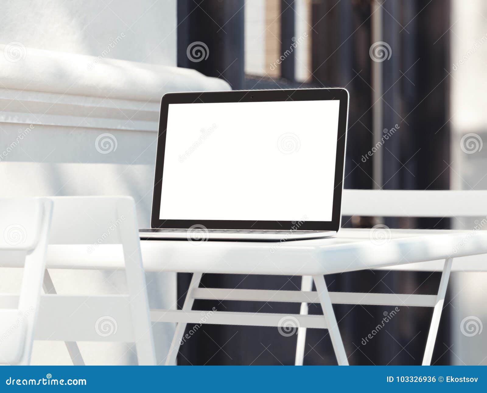 Laptop with Screen on the Table on Street. 3d Rendering Stock Photo ...