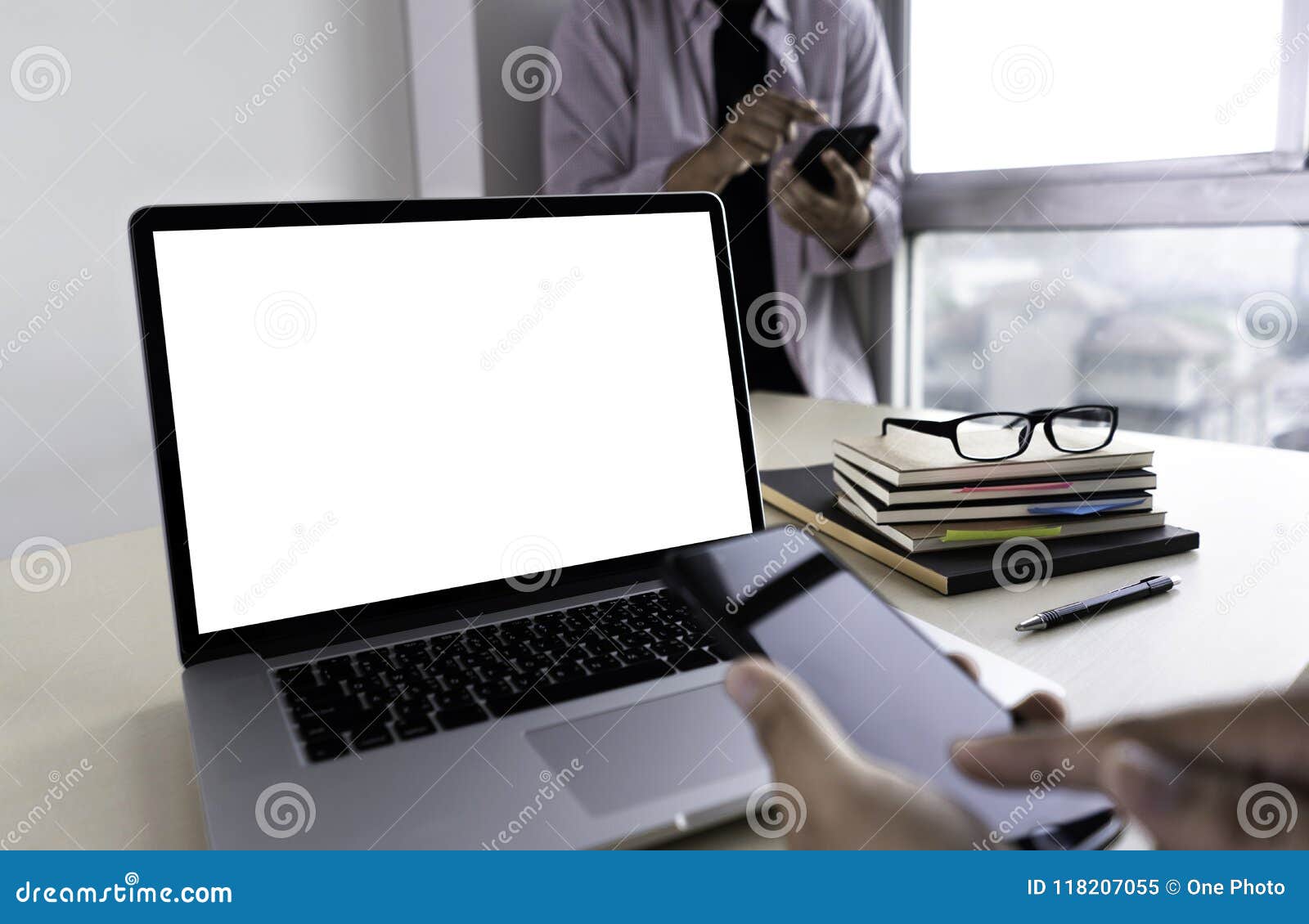 Laptop with Blank Screen on Table. Workspace Background New Project on ...