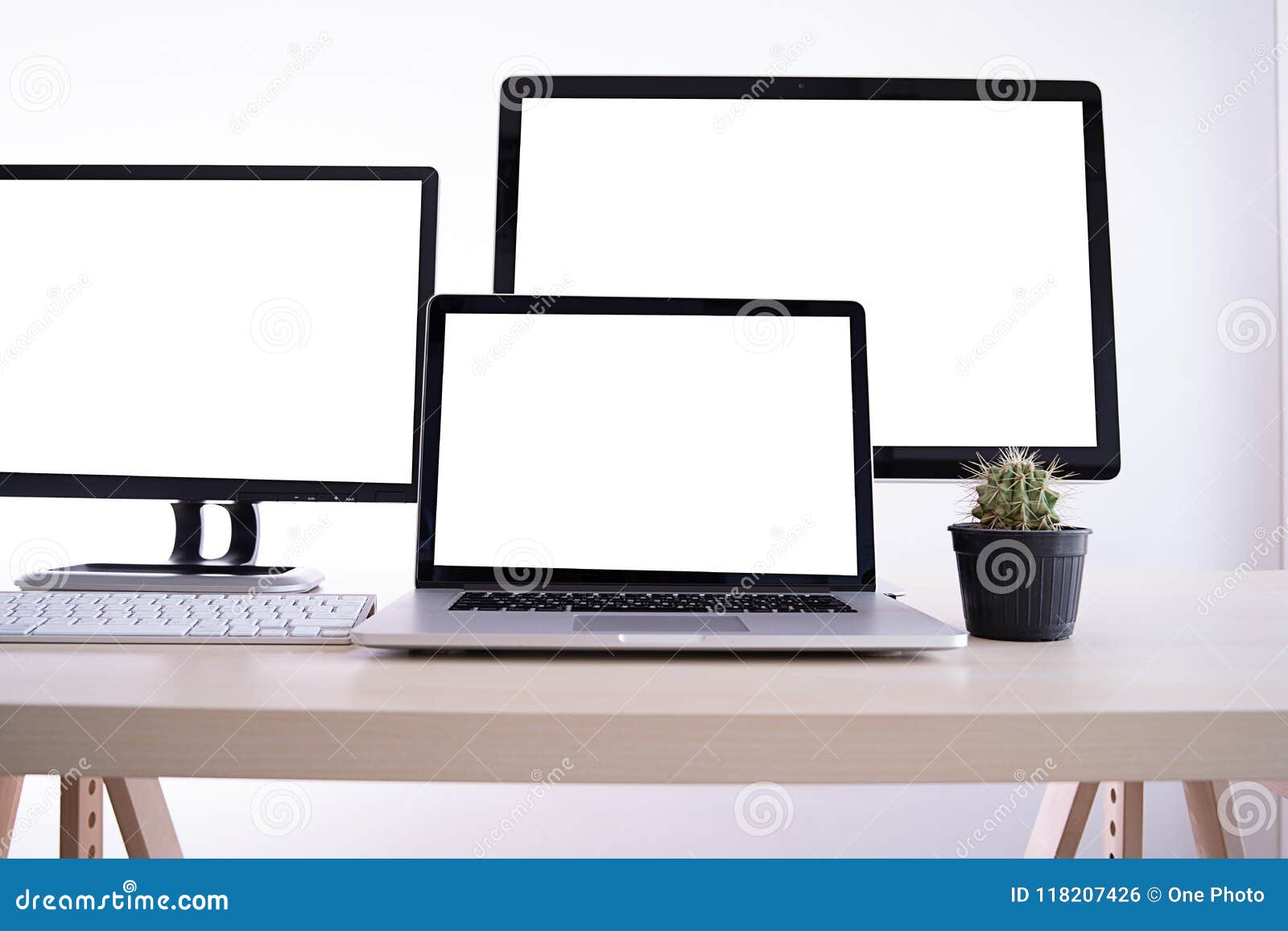 Laptop with Blank Screen on Table. Workspace Background New Project on ...