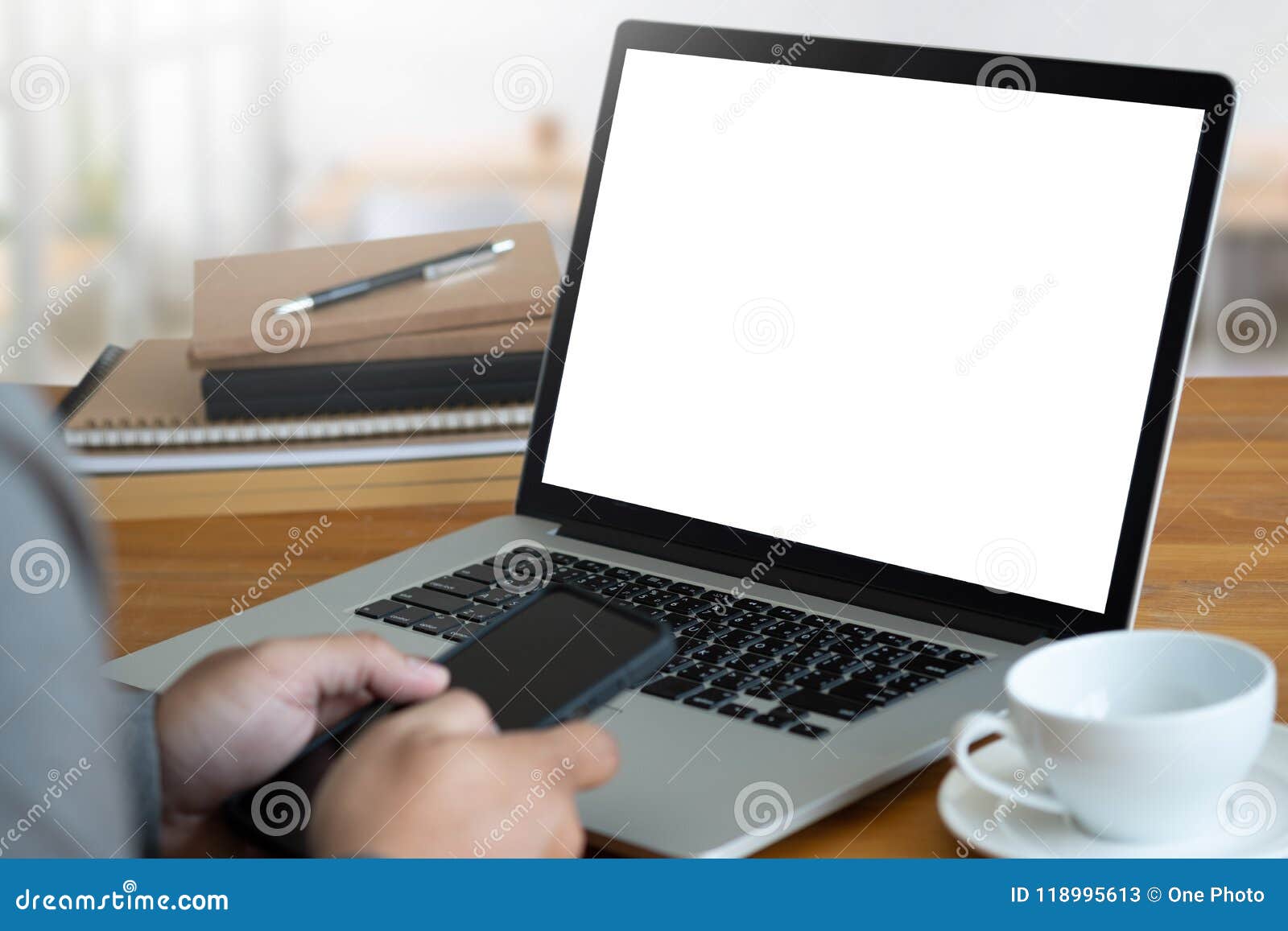Laptop With Blank Screen On Table. Workspace Background New Project On ...