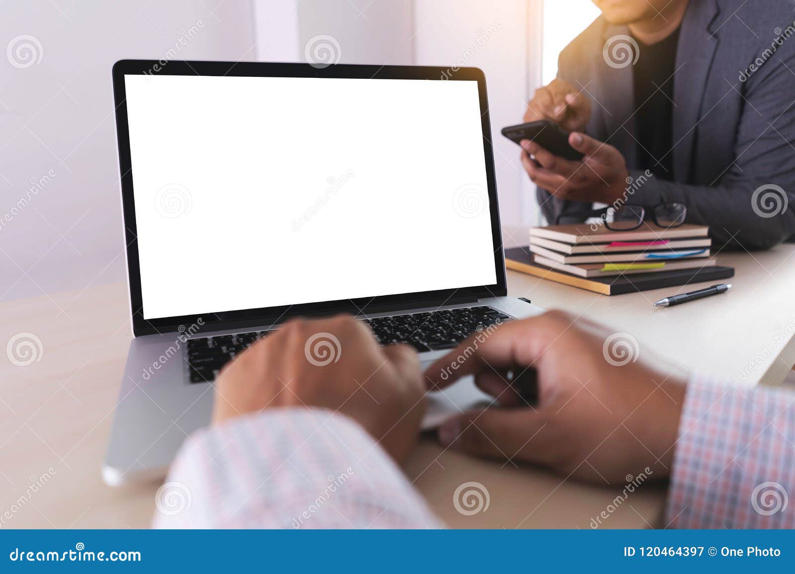 Laptop With Blank Screen On Table. Workspace Background New Project On ...
