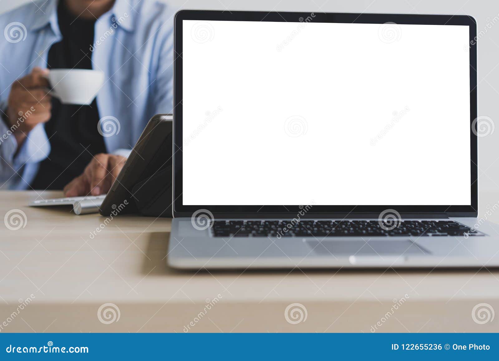 Laptop with Blank Screen on Table. Workspace Background New Project on ...