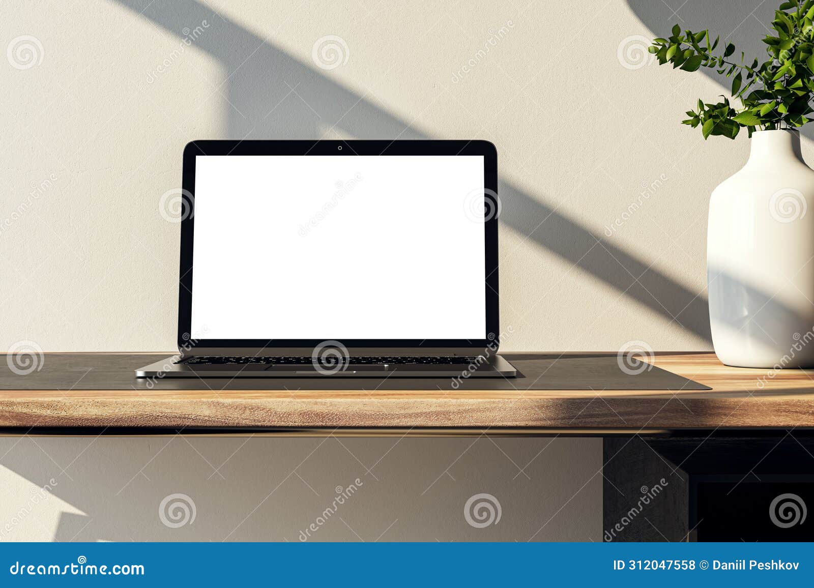 Laptop with Blank Screen on Wooden Desk, Shadow Play, Workspace Mockup ...