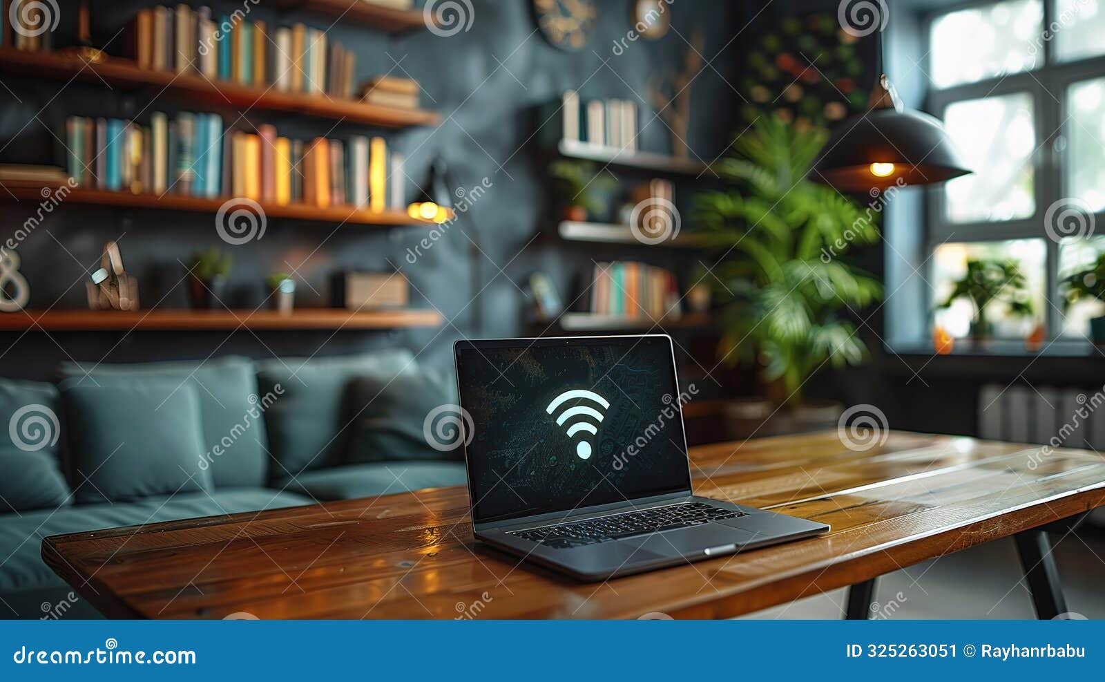 Laptop with Blank Screen on Work Desk, Bookshelf on Blue Wall Copy ...